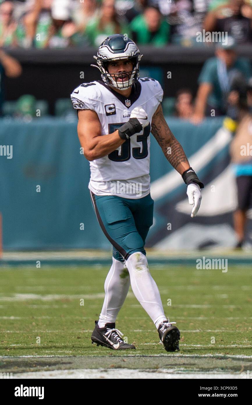 Philadelphia Eagles linebacker Zack Baun reacts during an NFL football ...