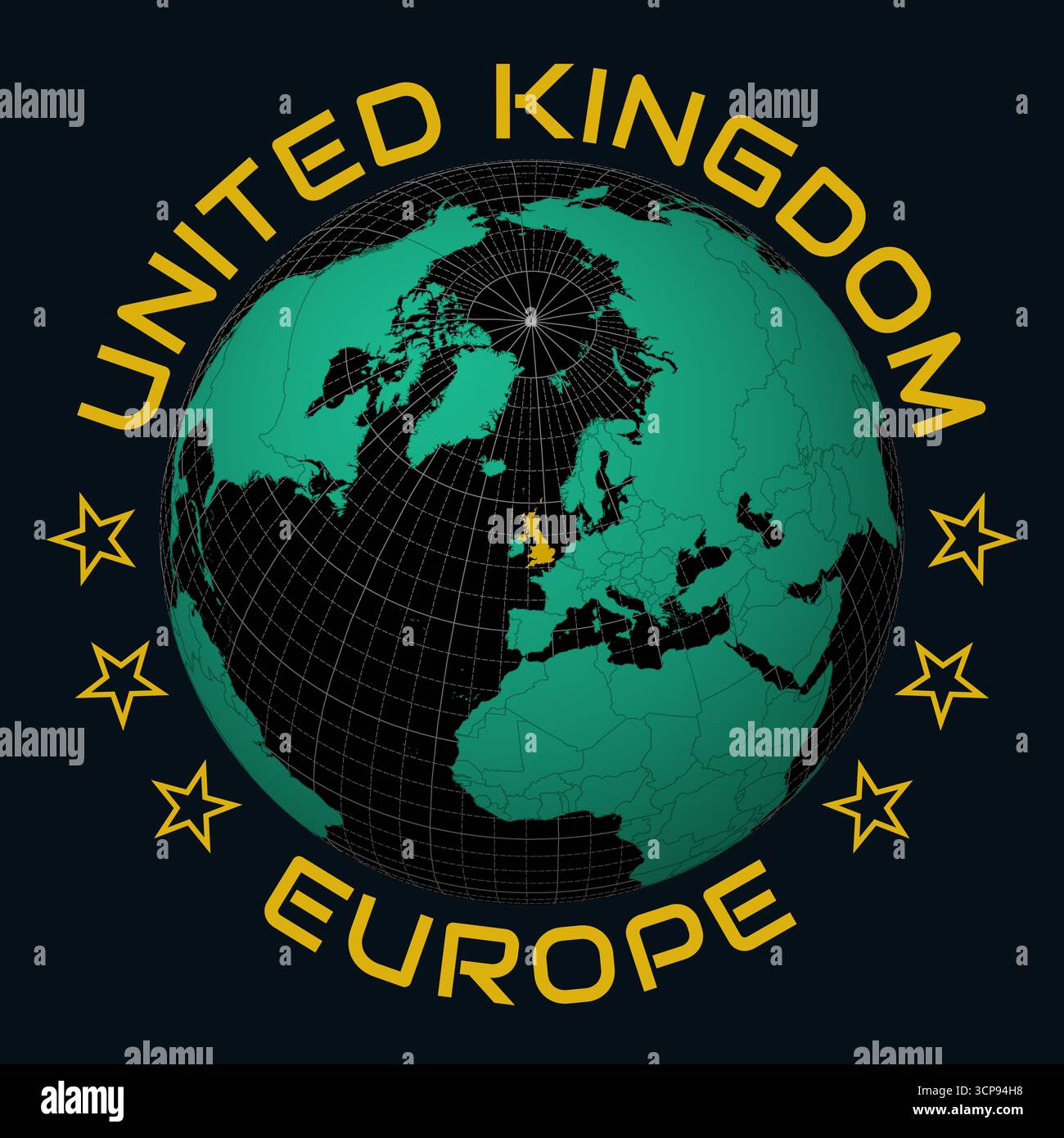 United Kingdom on Globe. Round country and continent name text. Country ...