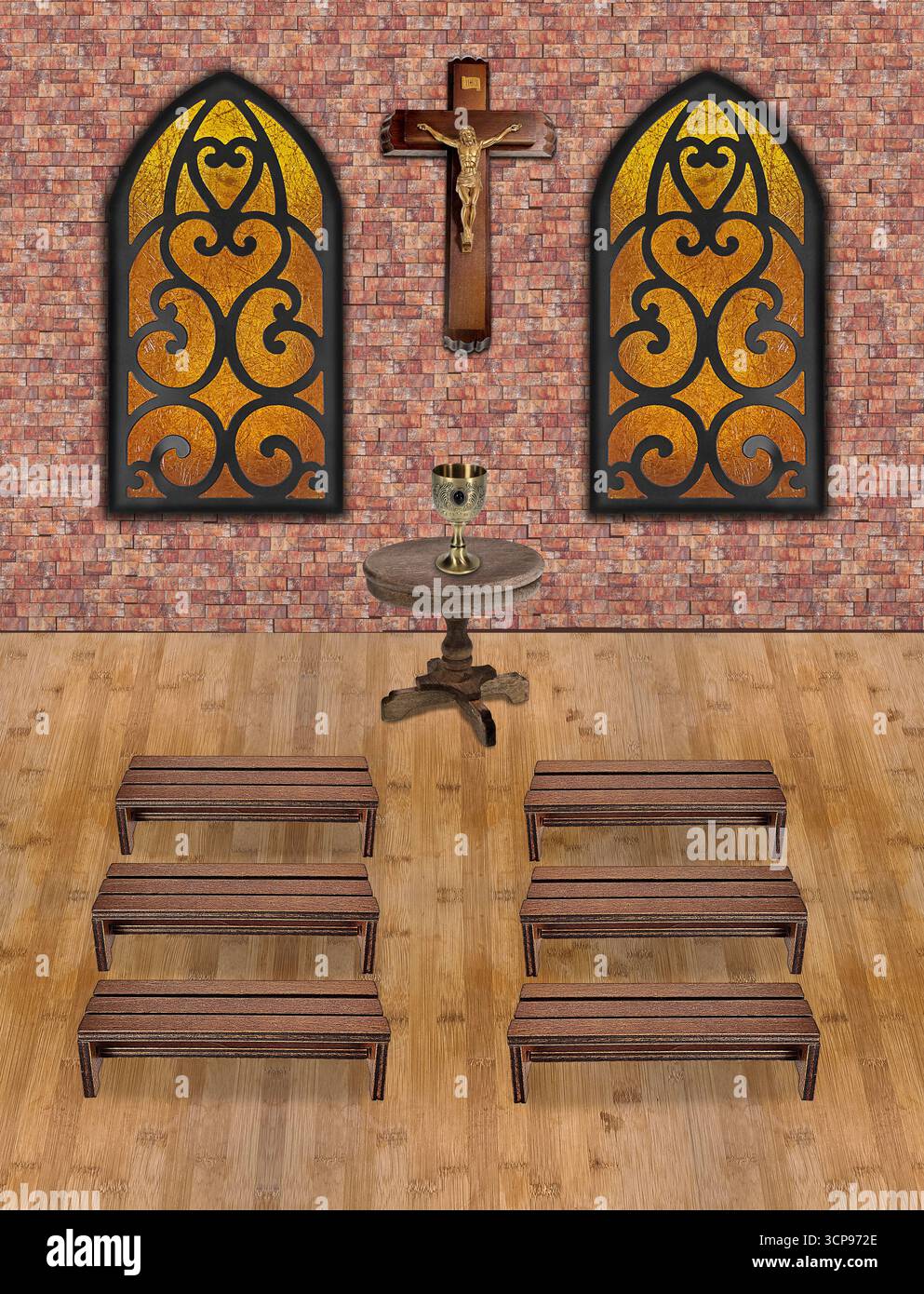Church interior with crucifix with pedestal and chalice with stained ...