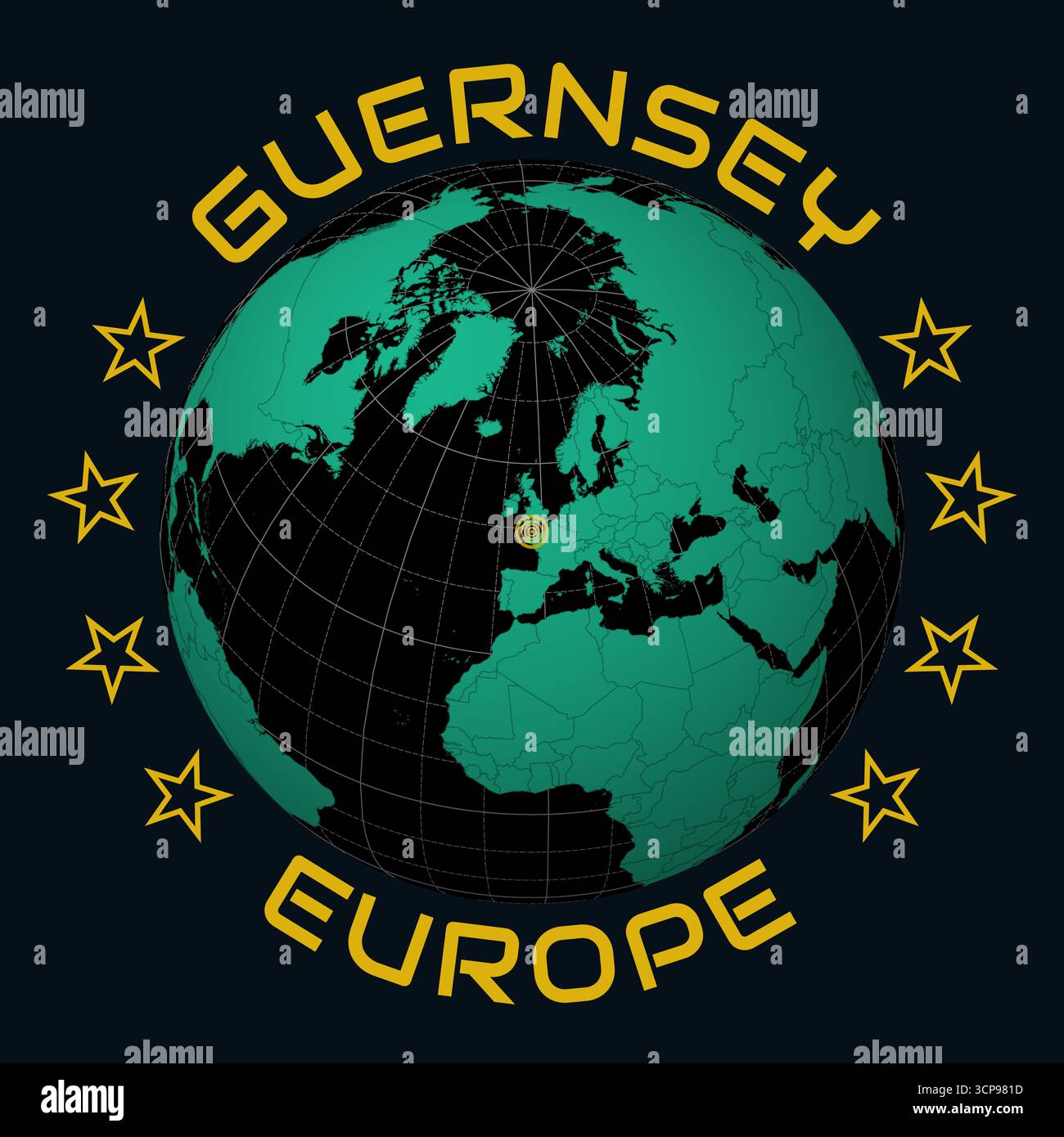Guernsey on Globe. Round country and continent name text. Country view ...