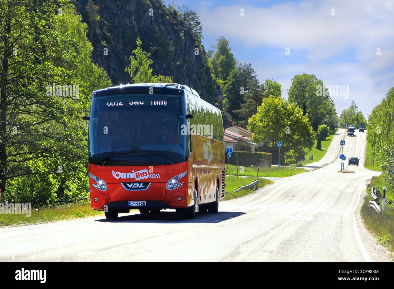 Red OnniBus VDL coach bus on express bus route OB12 between Salo and ...