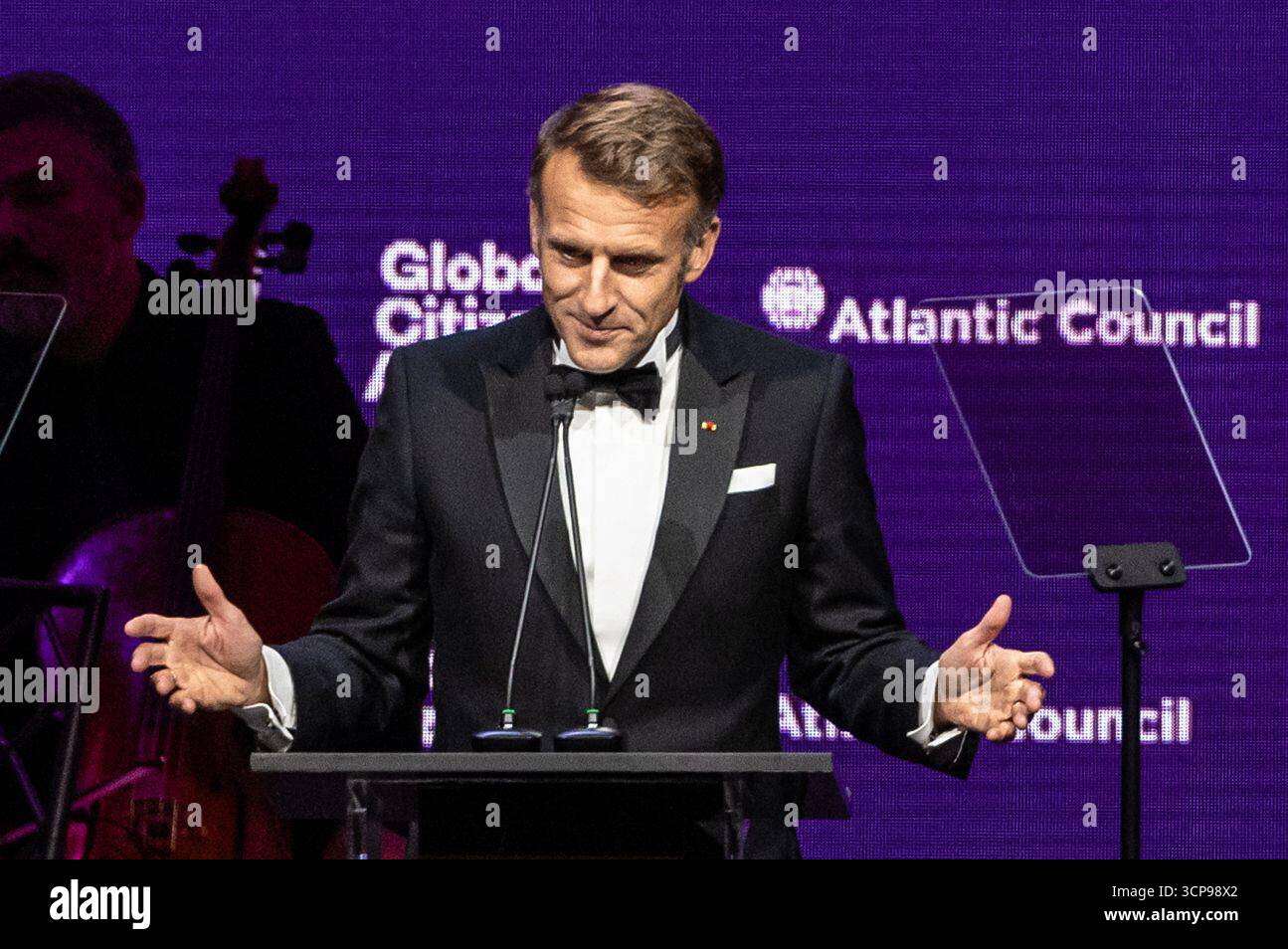 French President Emmanuel Macron speaks at the Global Citizen Awards ...