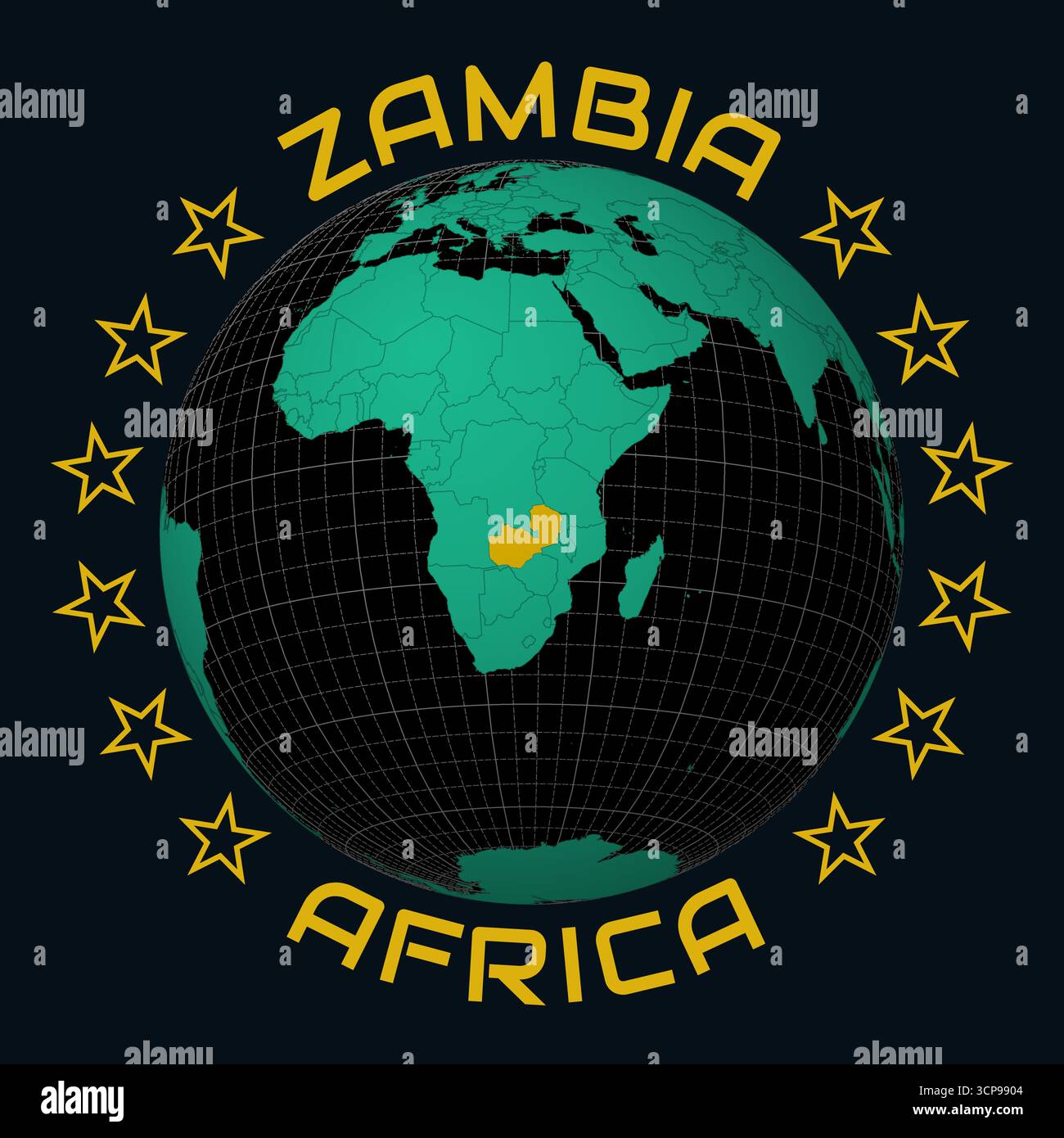 Republic of Zambia on Globe. Round country and continent name text ...