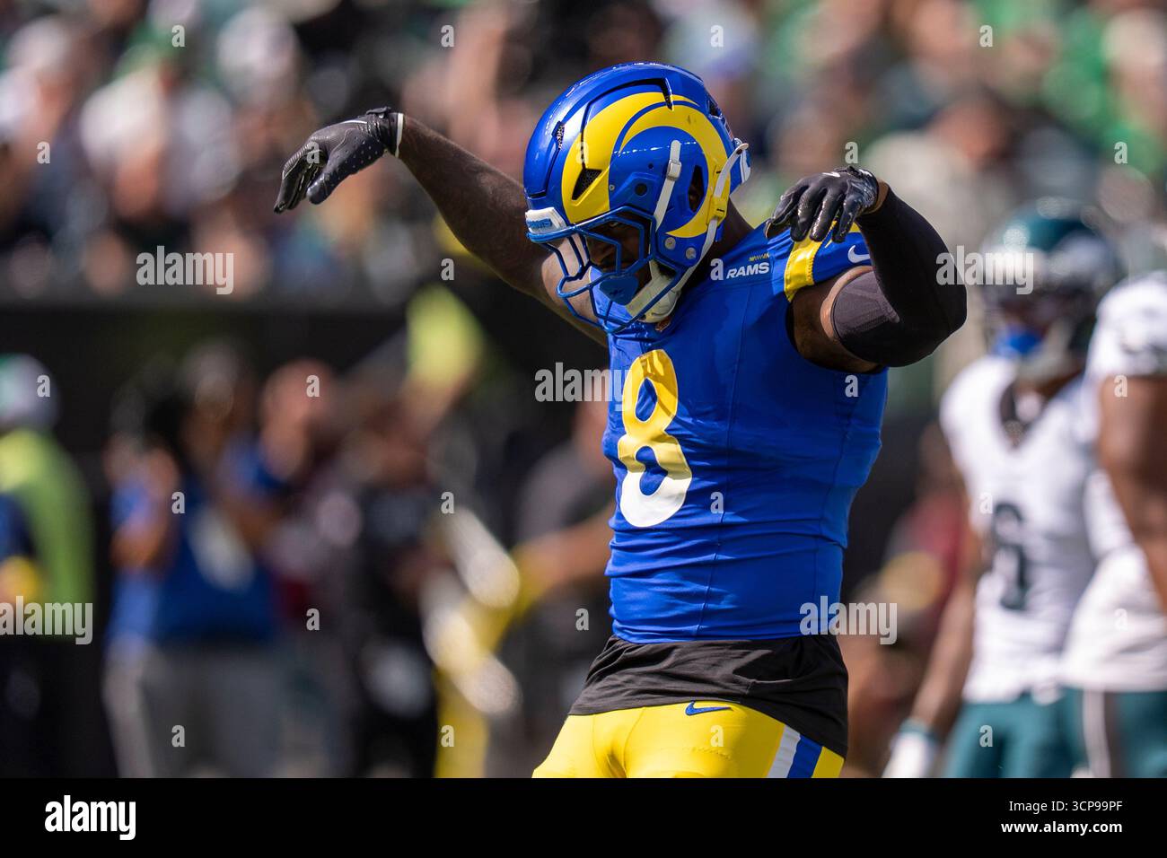 Los Angeles Rams linebacker Jared Verse reacts during an NFL football ...