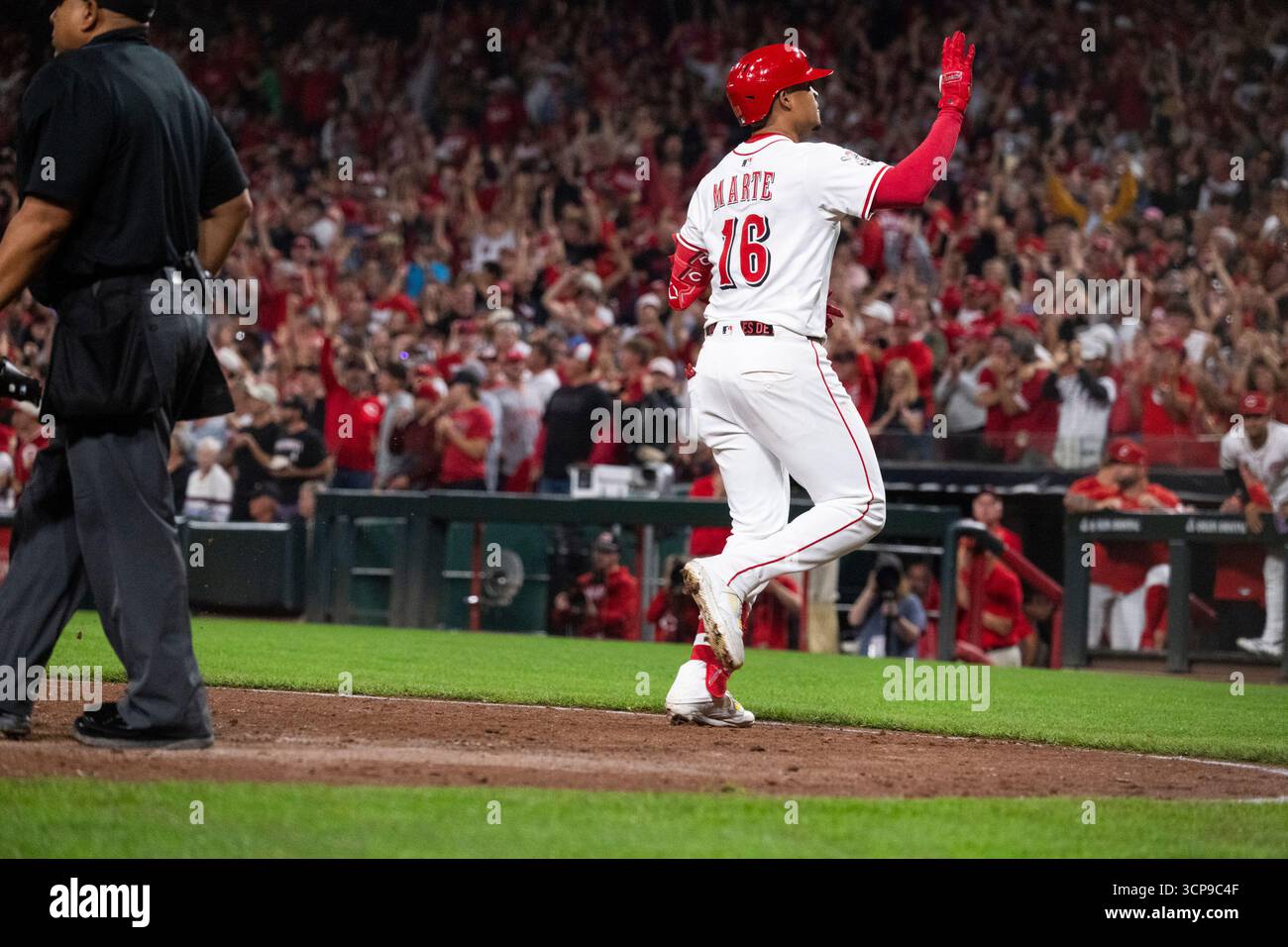 Cincinnati Reds' Noelvi Marte (16) celebrates after hitting an inside ...