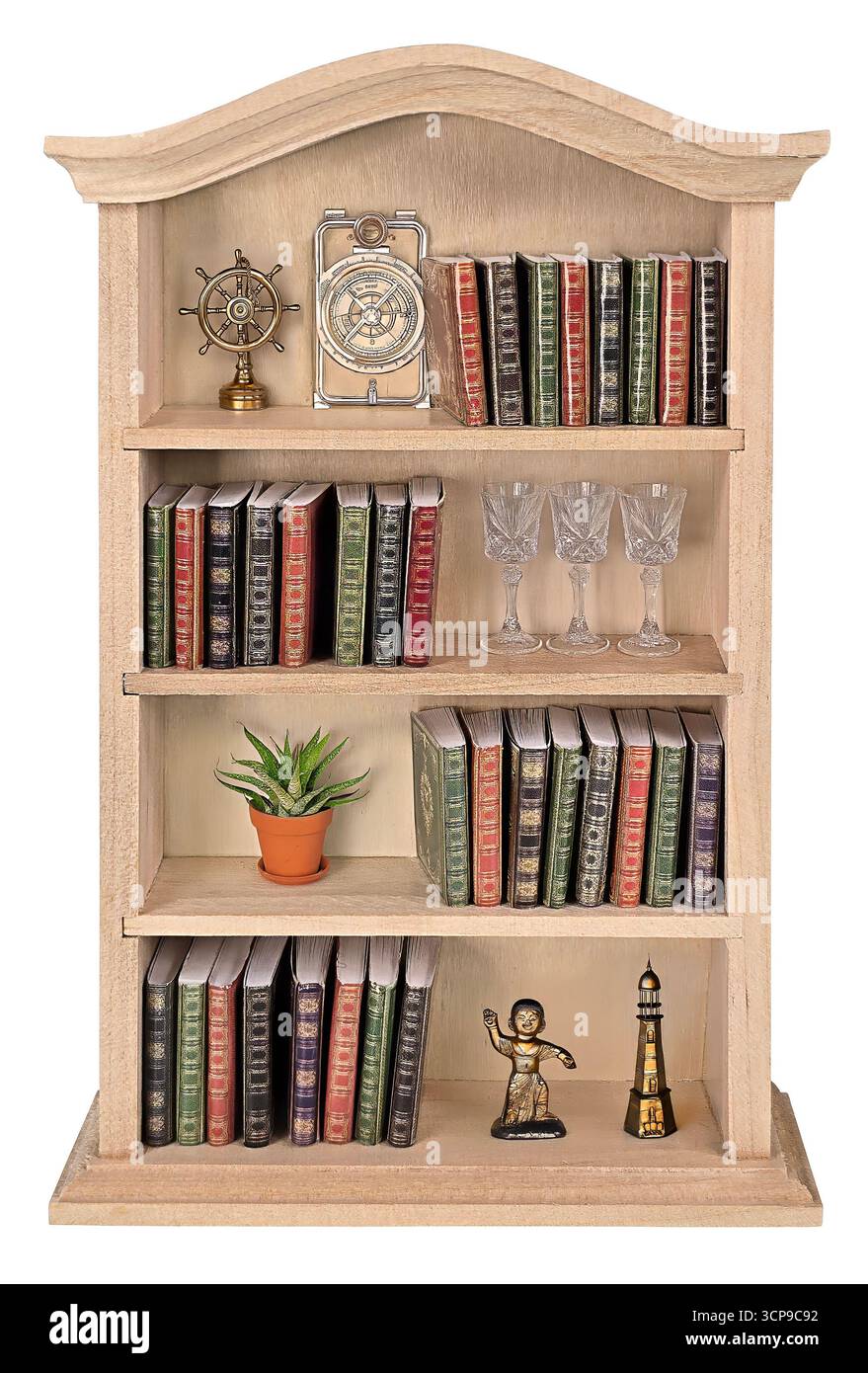 Wide Wooden rounded top bookcase full of a variety of books Stock Photo ...