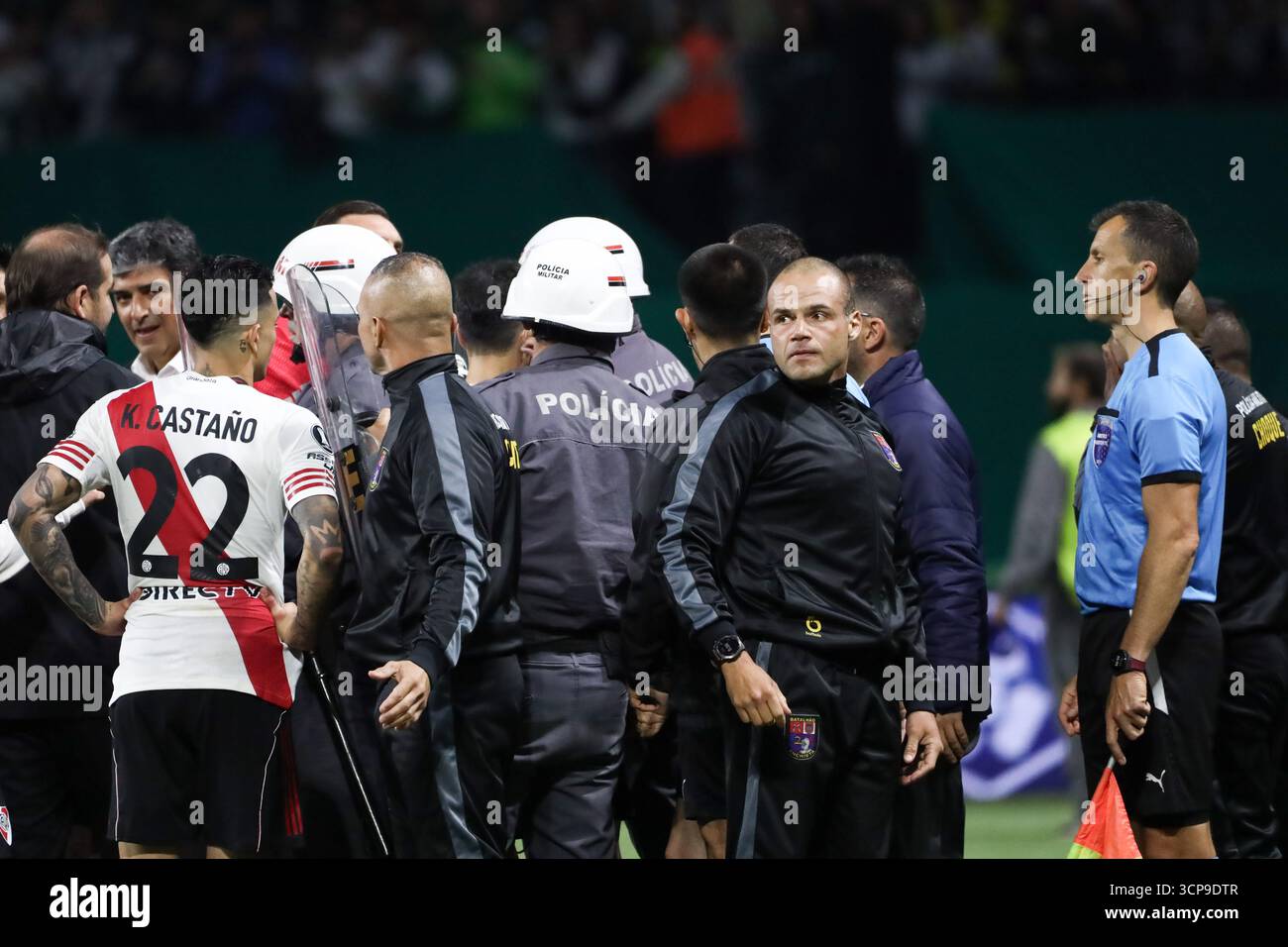 Players from River Plate, Argentina, surround the referee after the ...
