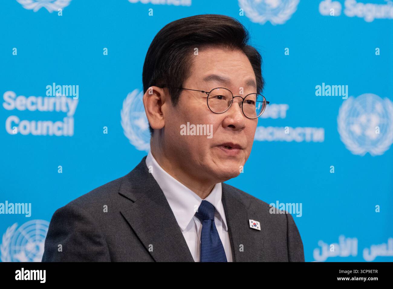 Lee Jae Myung, President of the Republic of Korea speaks to the press ahead of Security Council ...