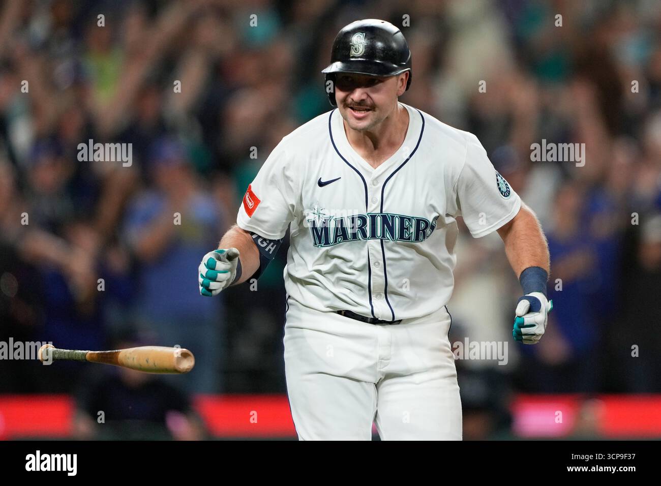 Seattle Mariners' Cal Raleigh reacts after hitting his 60th home run ...