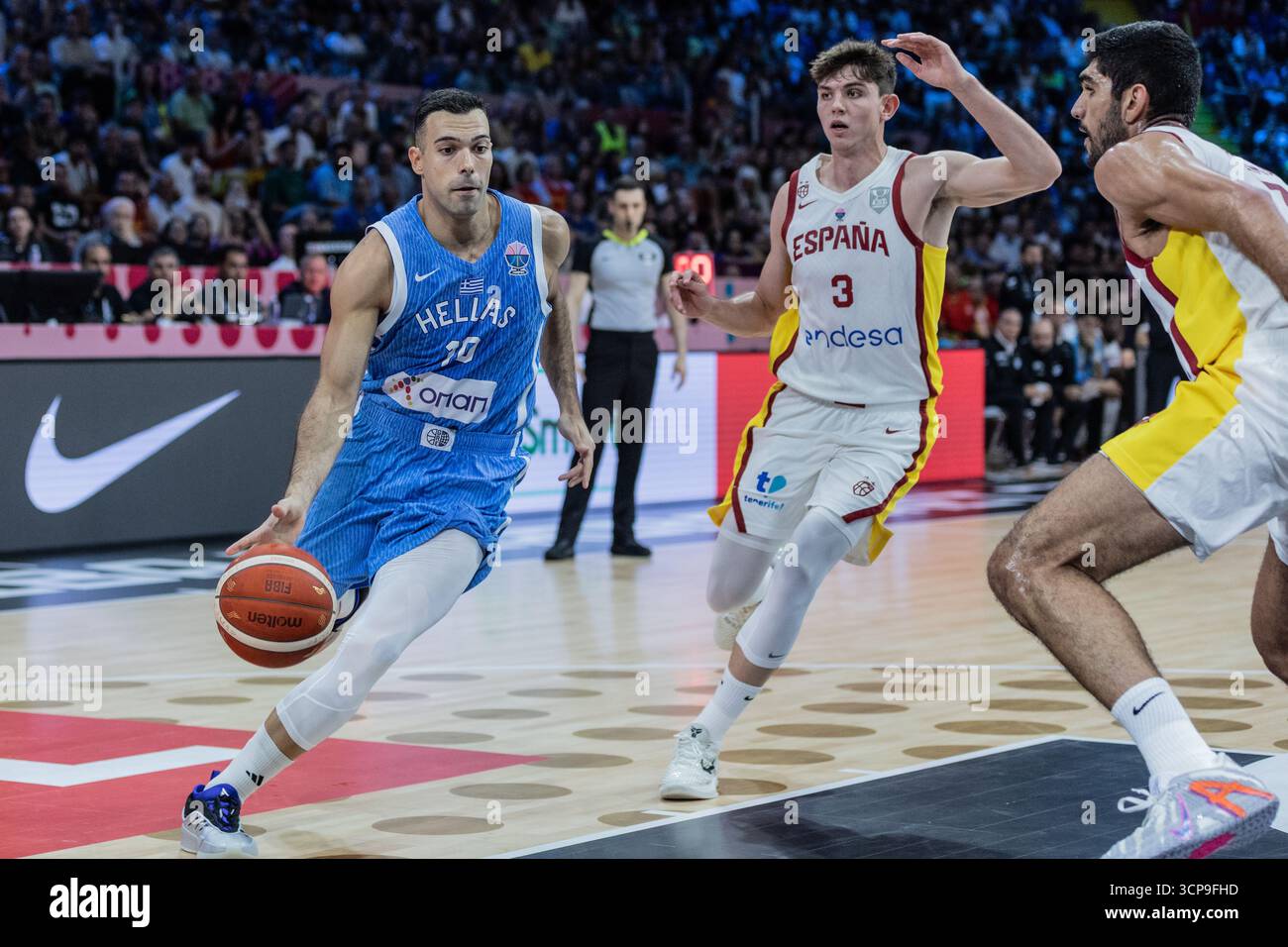 Joel Parra (R) of Spain and Kostas Sloukas (L) of Greece seen in action ...