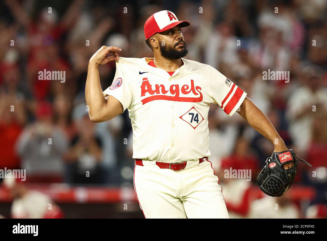 Los Angeles Angels pitcher Kenley Jansen gestures after a strikeout ...