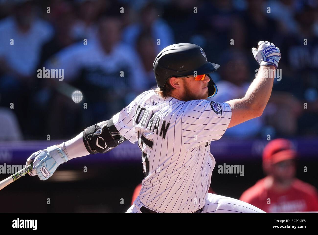 Colorado Rockies designated hitter Hunter Goodman (15) in the sixth ...