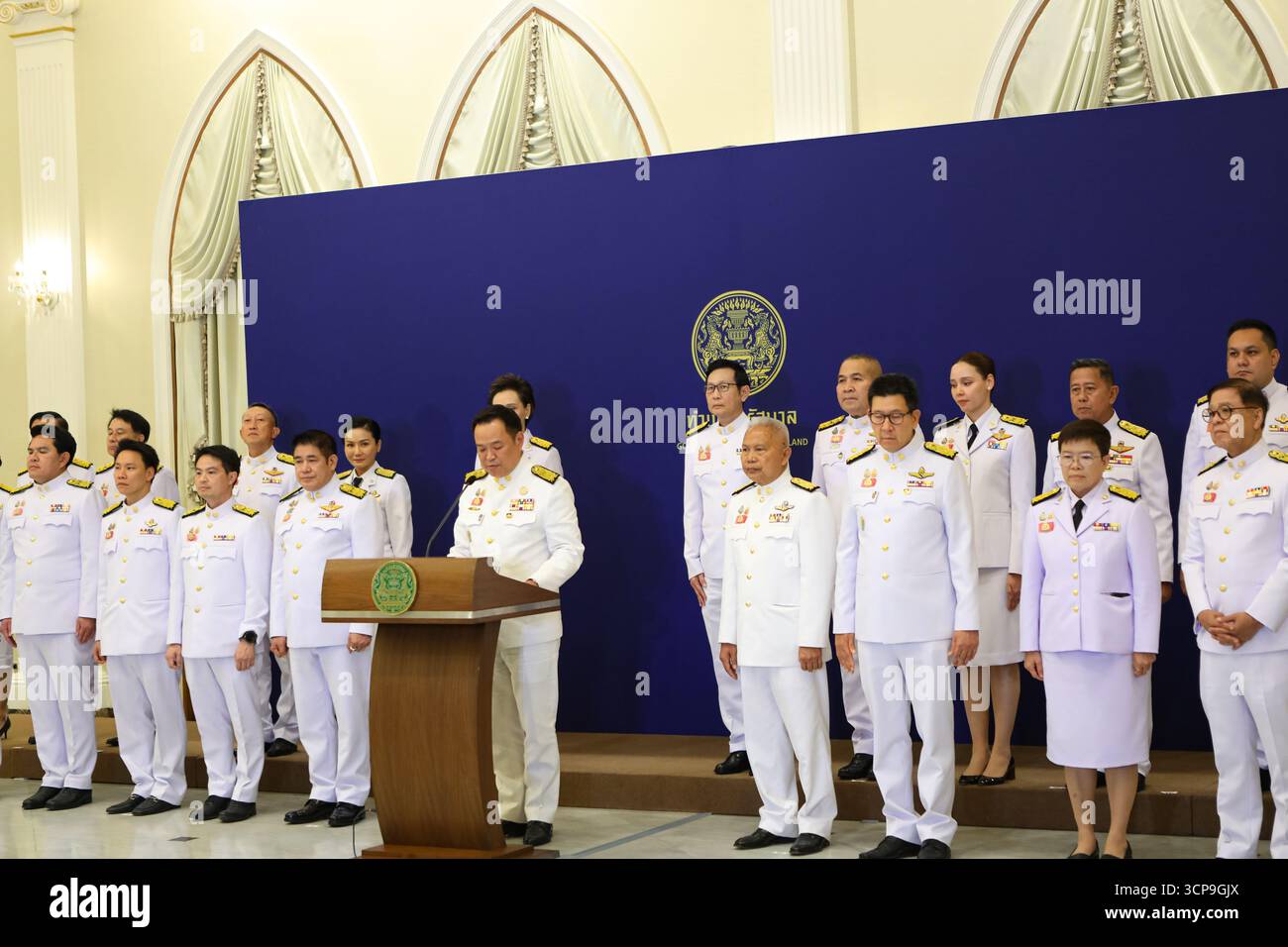 Anutin Charnvirakul (C) Thai new Prime Minister and Minister of Interior, during a Press ...