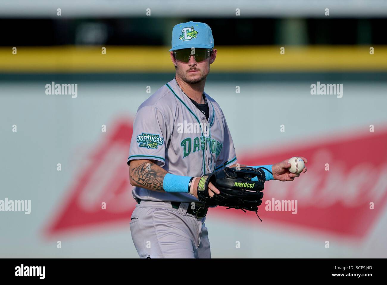 Daytona Tortugas outfielder Mason Neville (40) during warmups before an ...