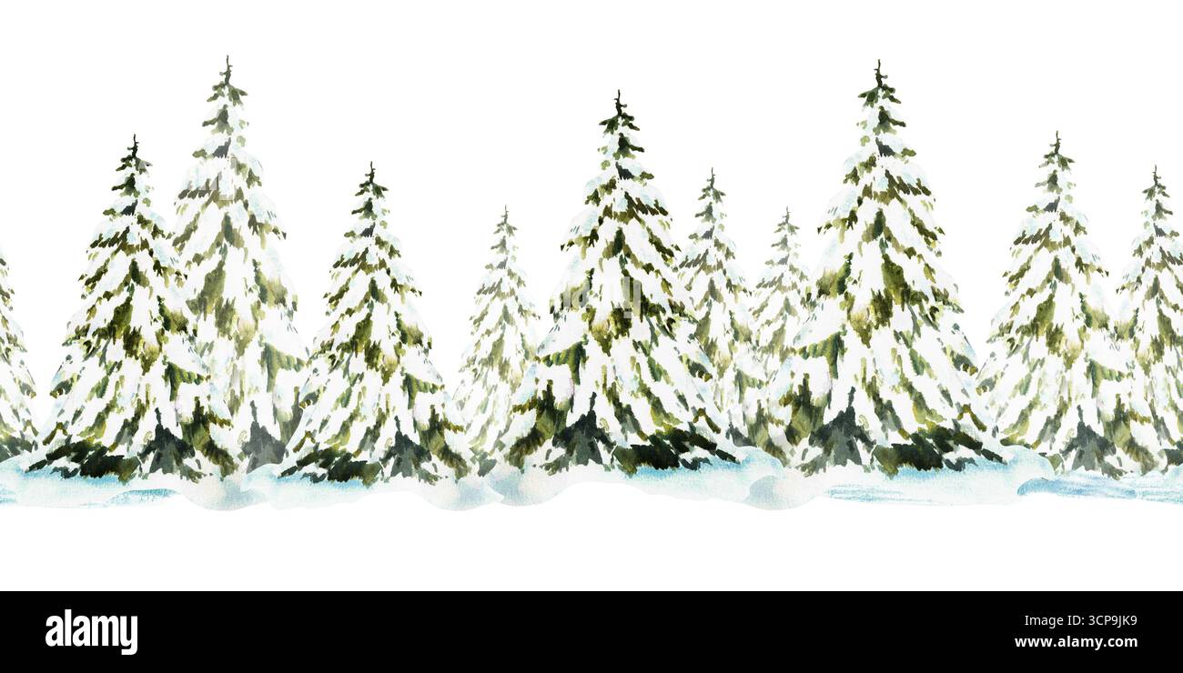 Spruce tree snow covered seamless border. Snowy winter Christmas fir ...
