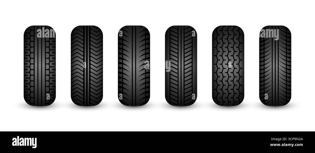 Rubber tires silhouettes. Car, truck, and motorcycle wheels, tread ...