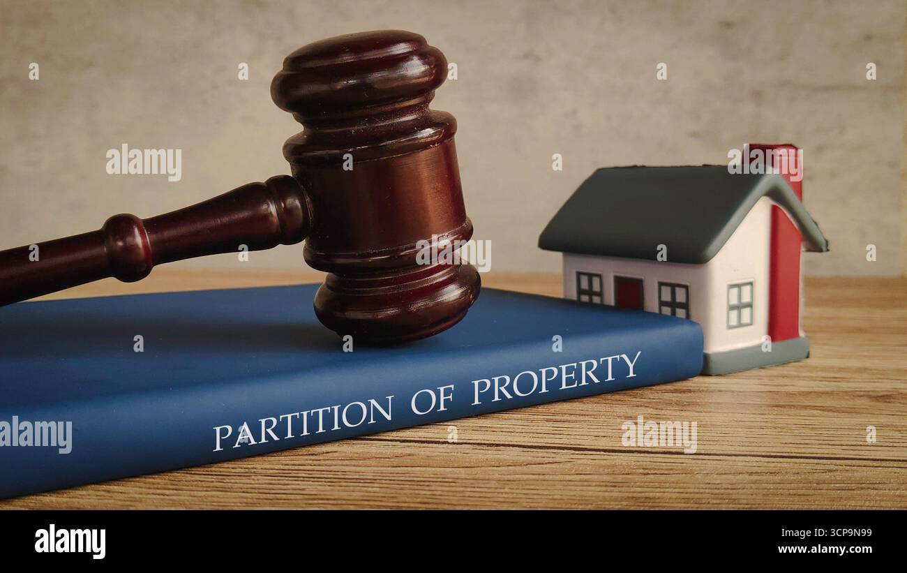 Gavel and a miniature house on a book titled "PARTITION OF PROPERTY ...