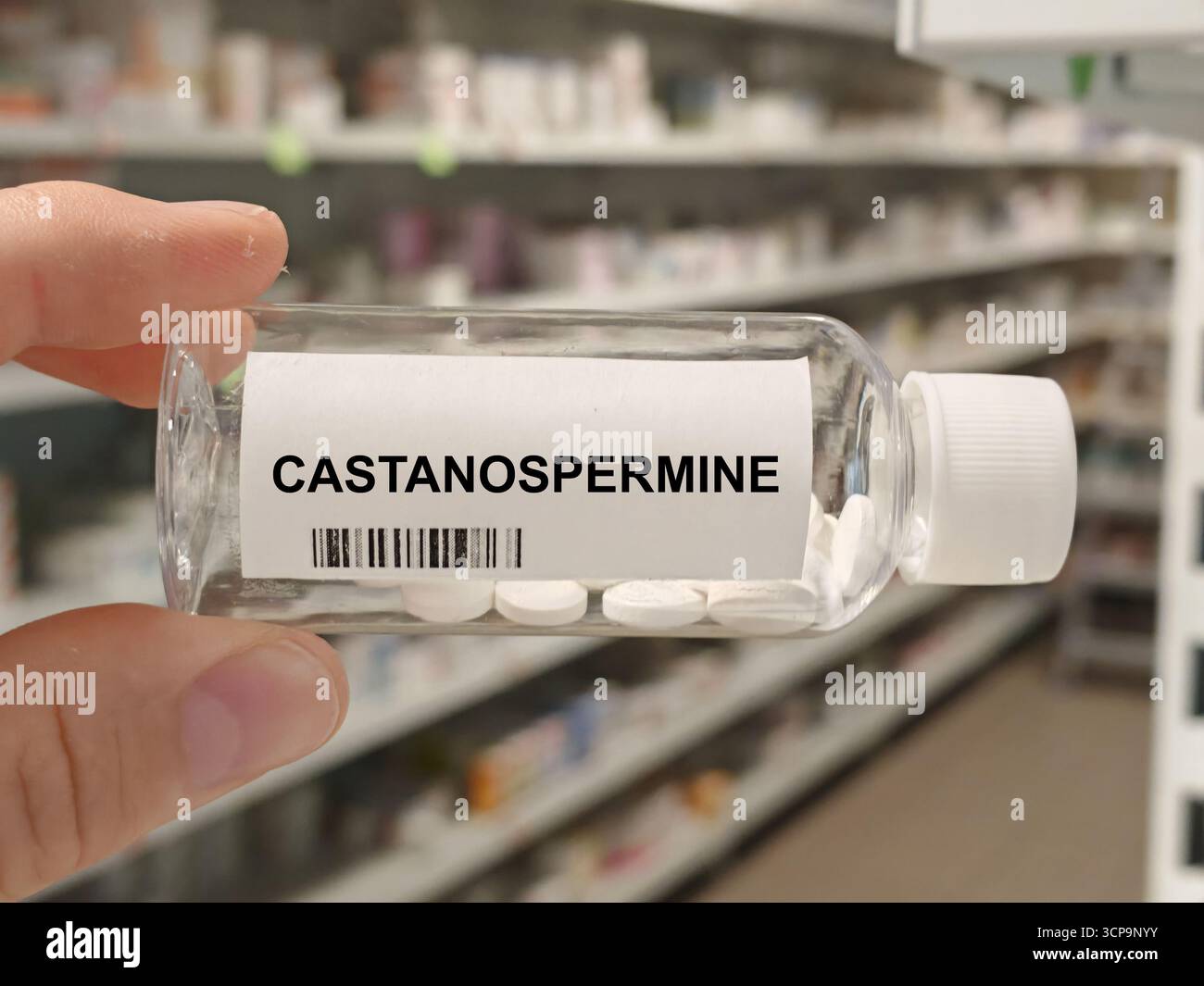 Box of CASTANOSPERMINE tablets on a hospital pharmacy table used to ...