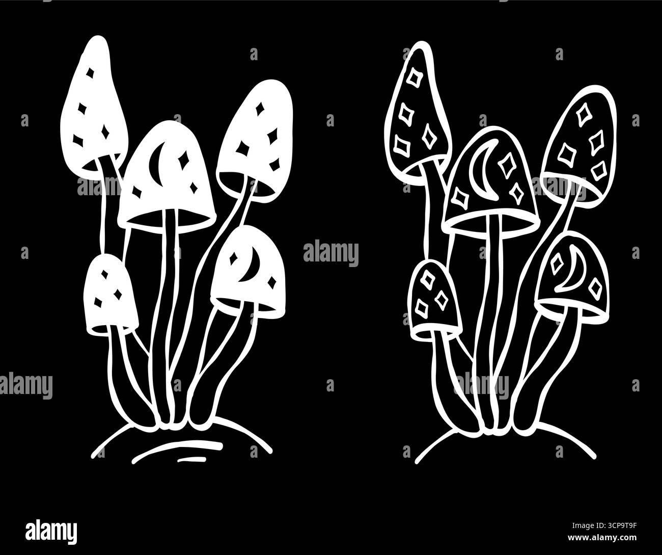 Magic Creepy Mushroom Doodles. Isolated Space Fungi. Textured White ...