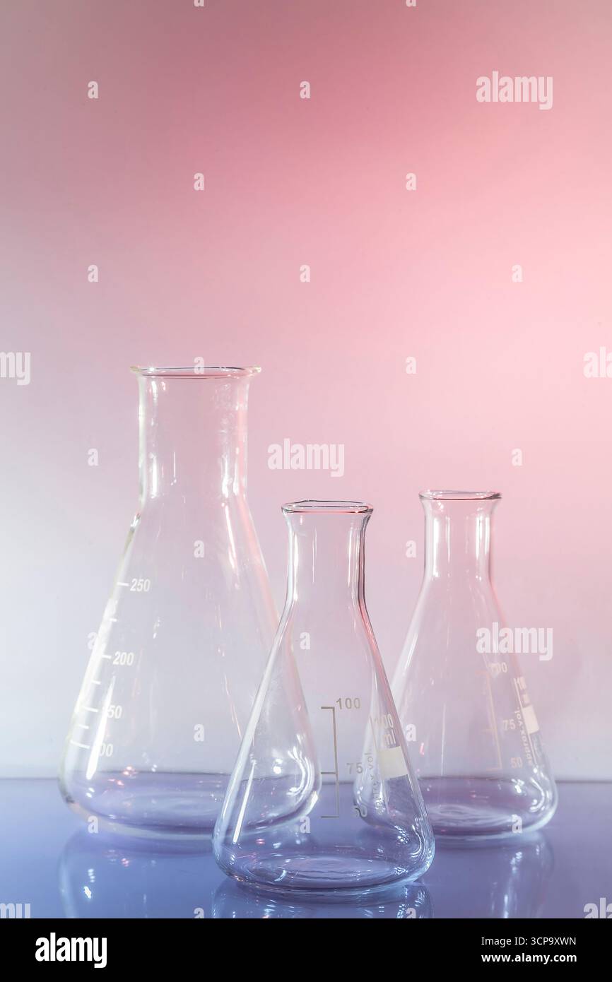 Laboratory glassware, Erlenmeyer flasks of various sizes, red ...