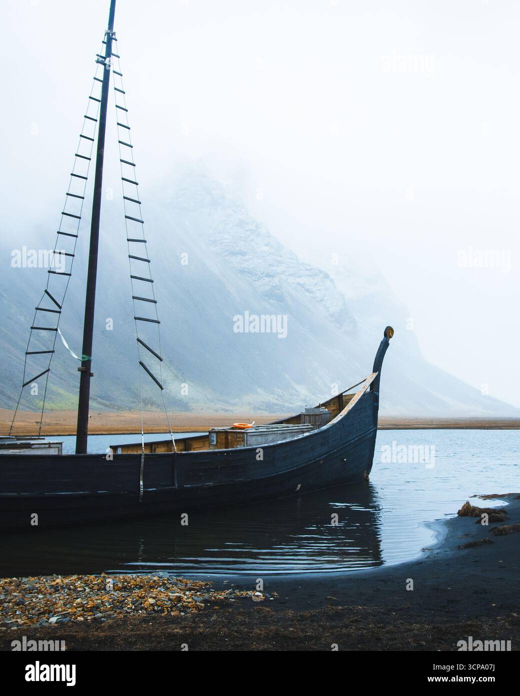 Traditional Viking style wooden longship docked at Viking Village ...