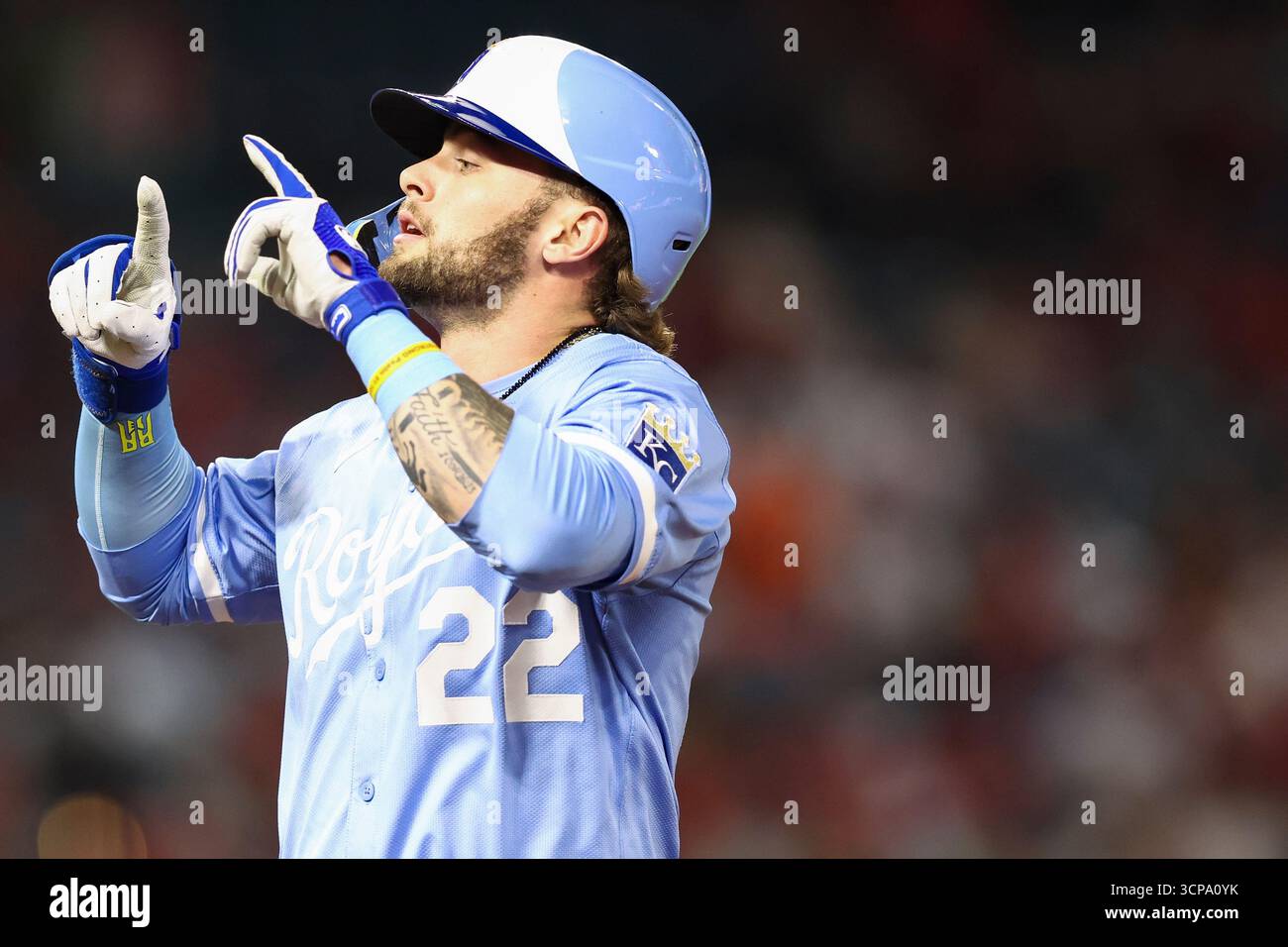 Kansas City Royals' Carter Jensen (22) gestures after hitting an RBI ...