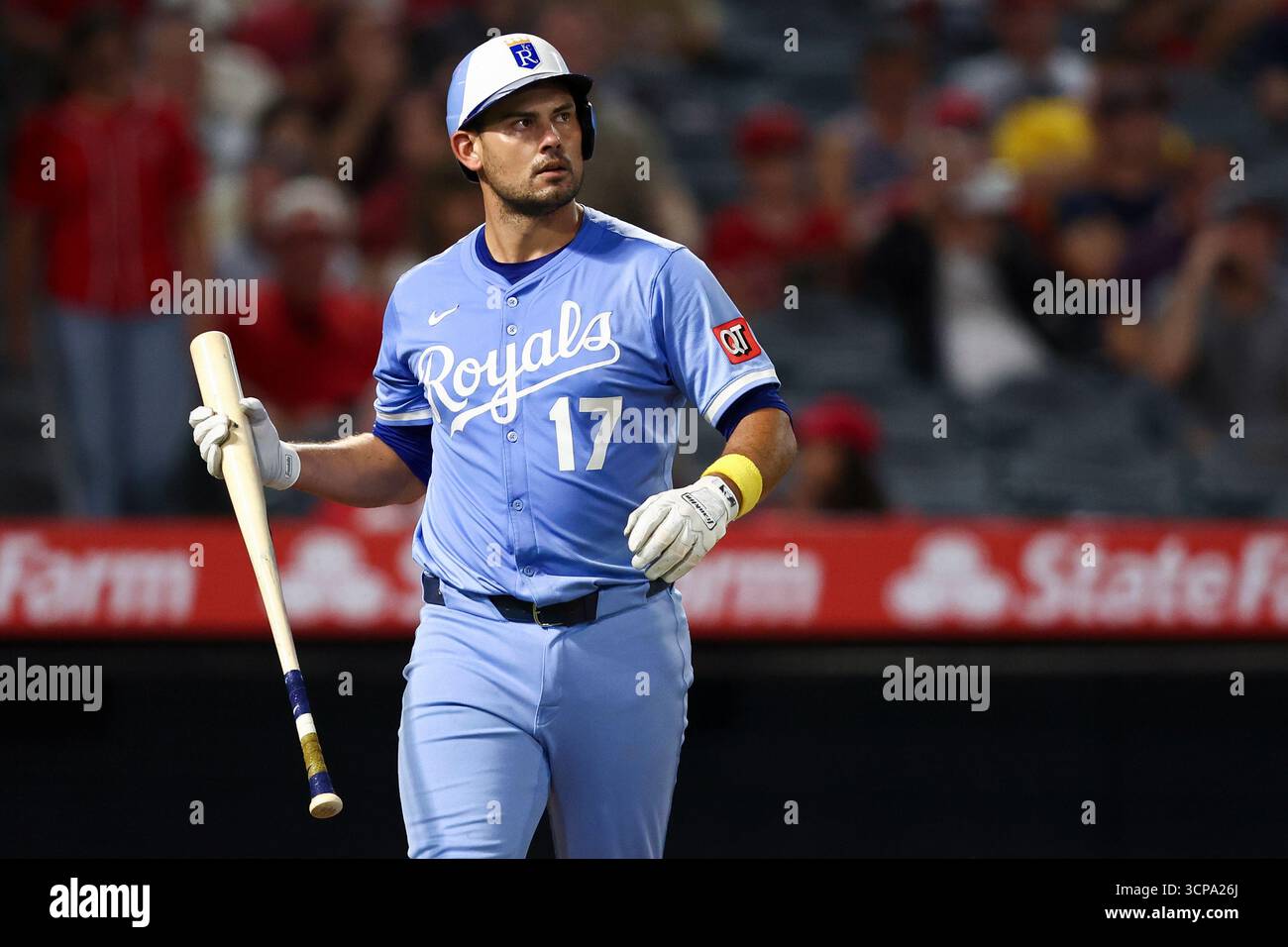 Kansas City Royals' Luke Maile (17) looks on after striking out during ...