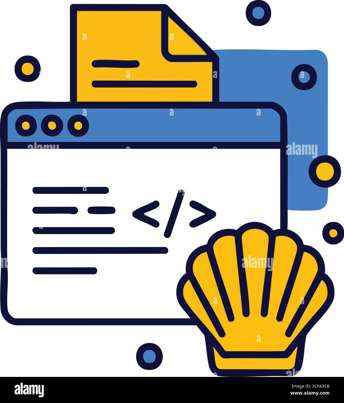 Web Development Shell Concept. Depicts a browser interface, coding symbols, and a seashell ...