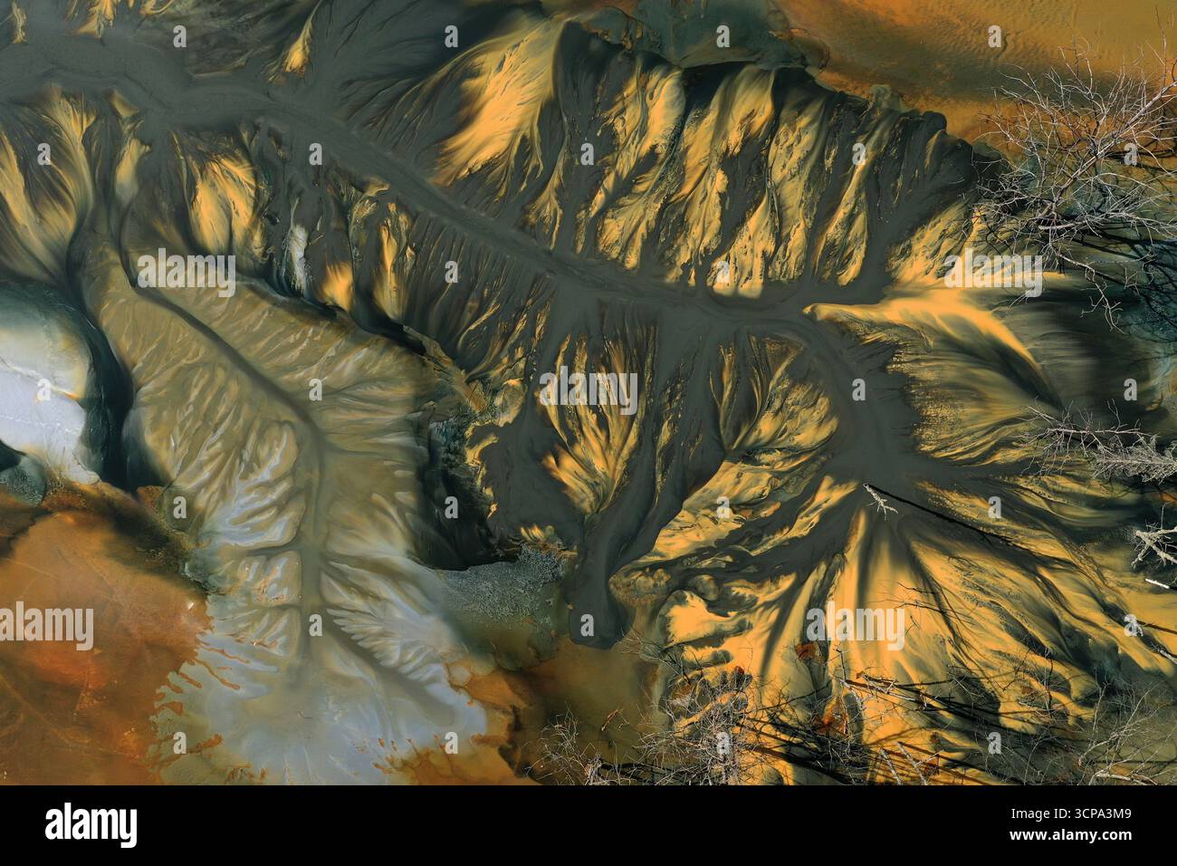 Aerial view of surreal natural patterns of gold cyanide leaching ...