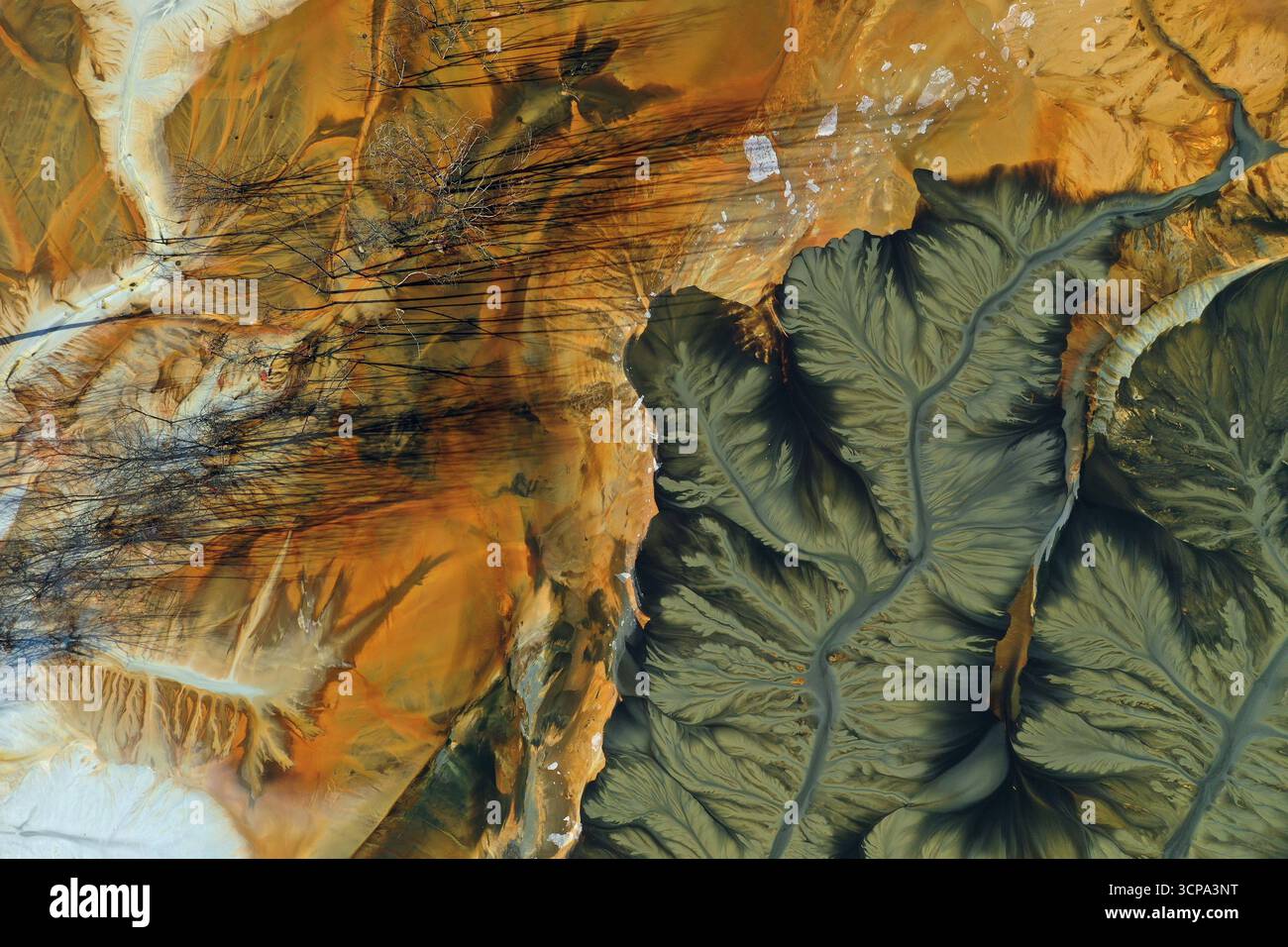 Aerial view of surreal natural patterns of gold cyanide leaching ...
