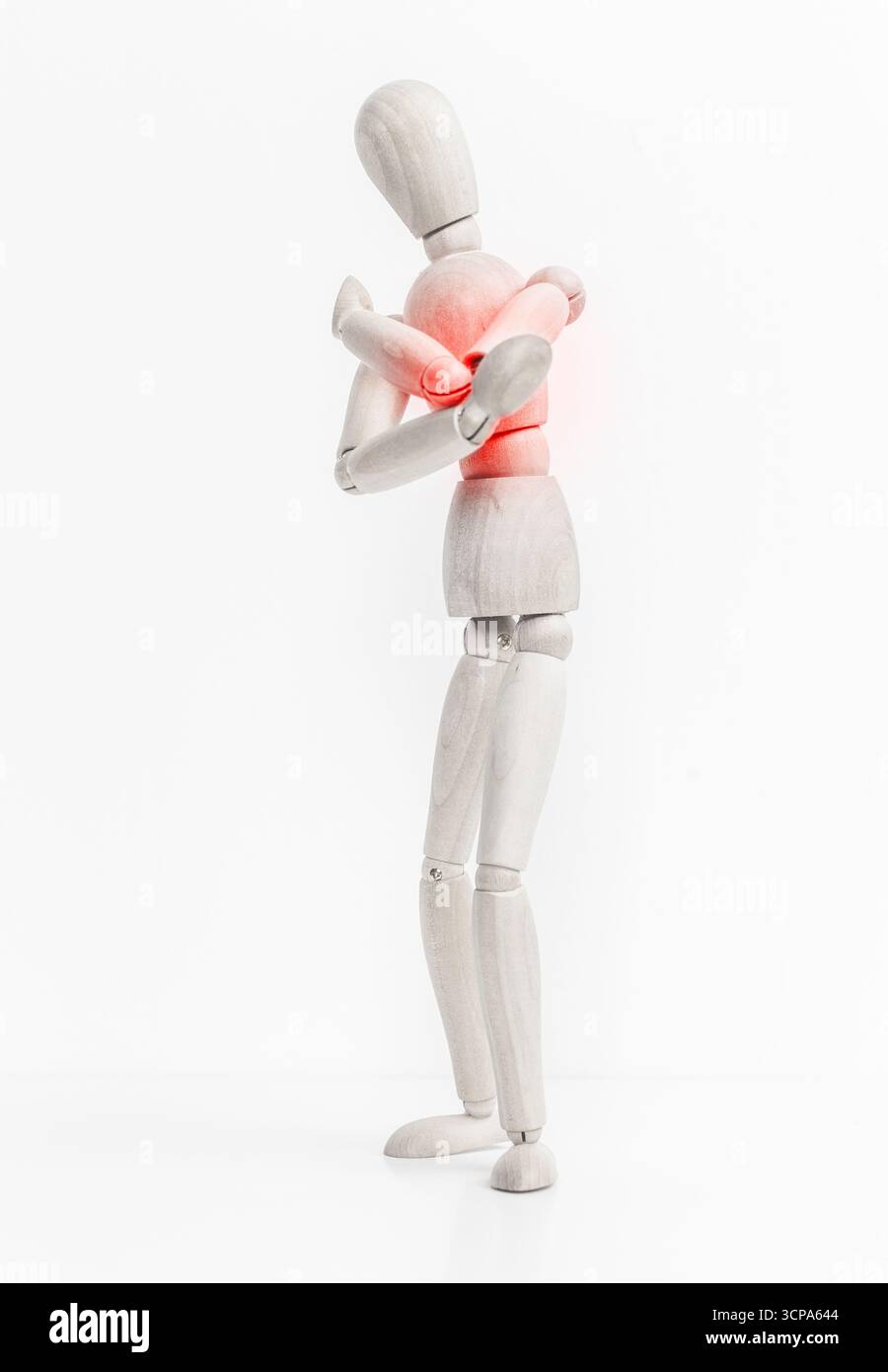 Wooden mannequin demonstrating a thinking pose on a plain background ...