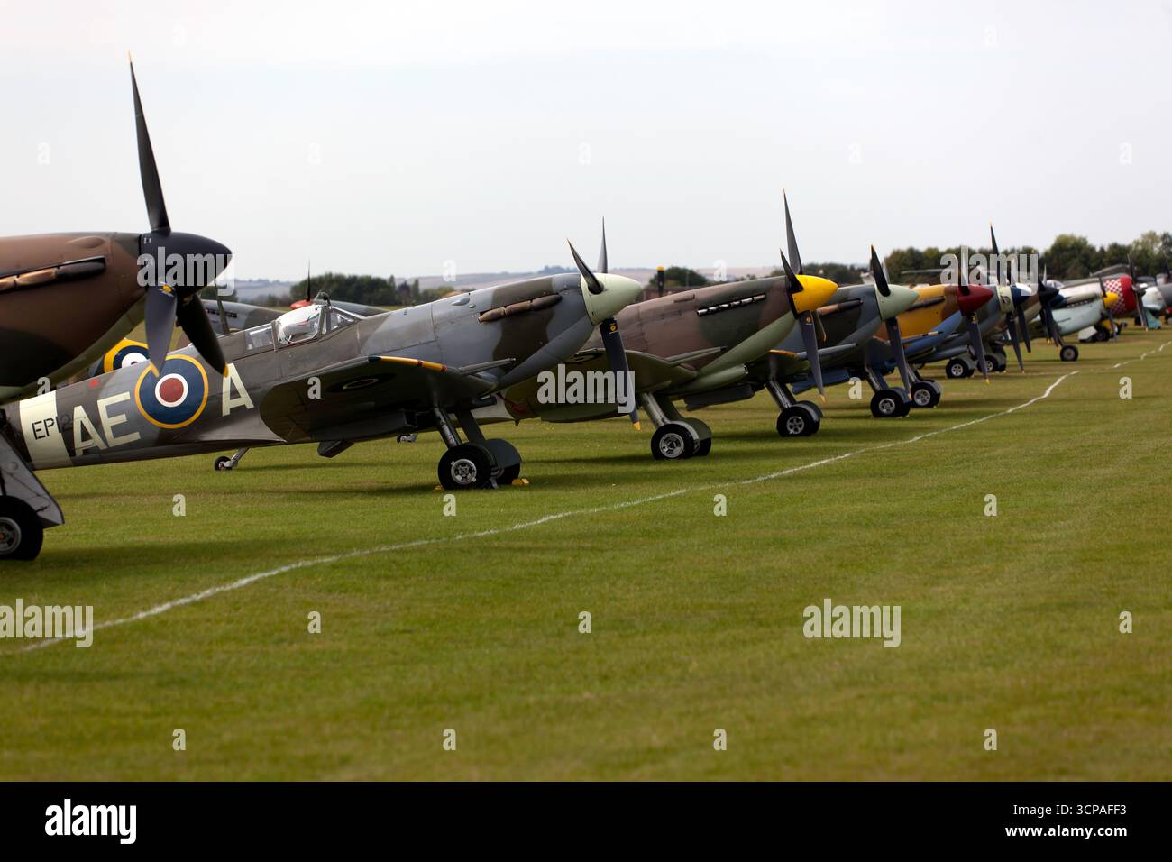 Spitfires and other WWII Warbirds, lined up along the flight line ...