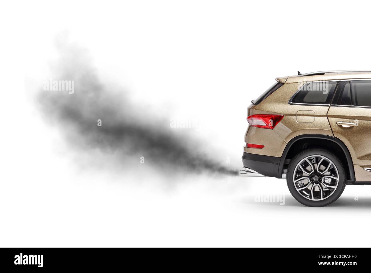 Car polluting the air with exhaust fumes isolated on white background ...