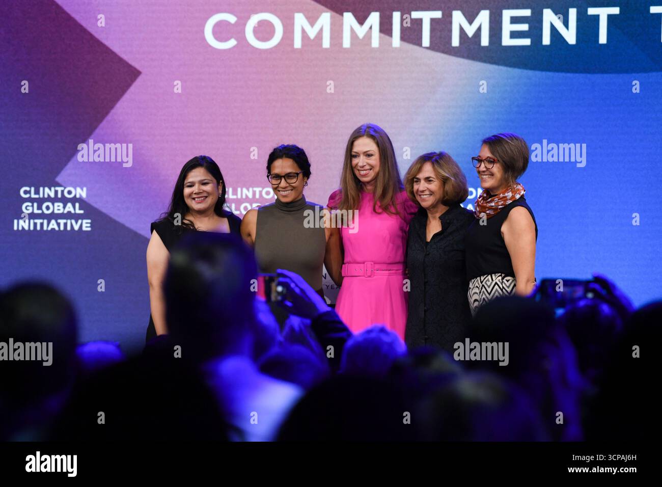 Chelsea Clinton (C) onstage at the Clinton Global Initiative 2025 ...