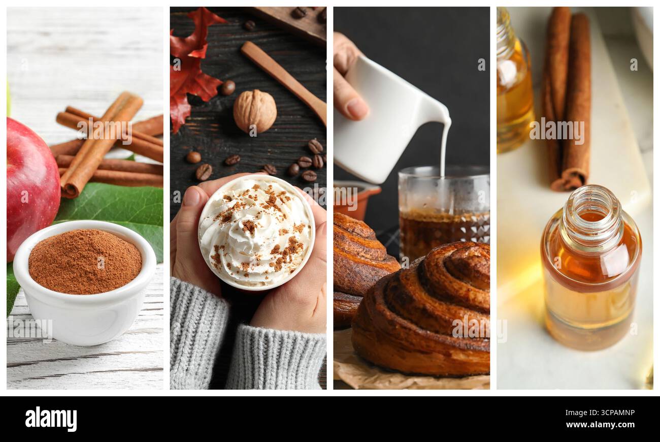 Cinnamon, collage with aromatic spice added to food and drink Stock ...