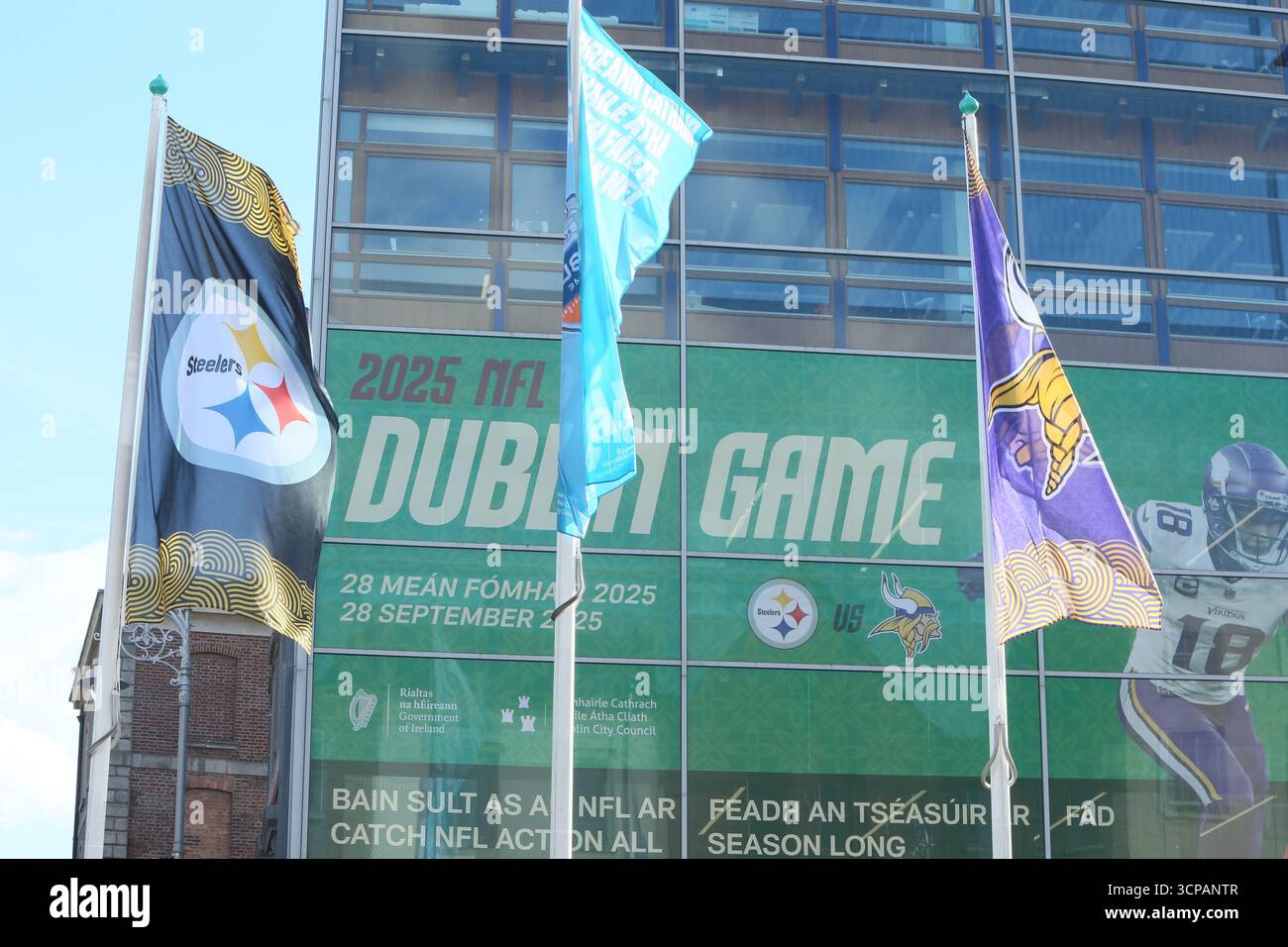 Dublin, Ireland - 23rd September 2025 - Flags and Signs on display in a street scene from Dublin ...