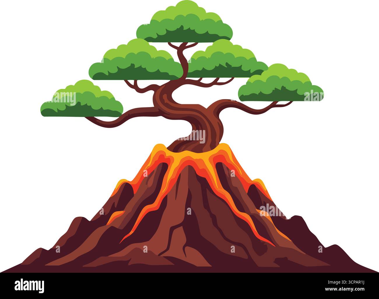 Tree on Active Lava Volcano. A powerful graphic depicting a green plant ...