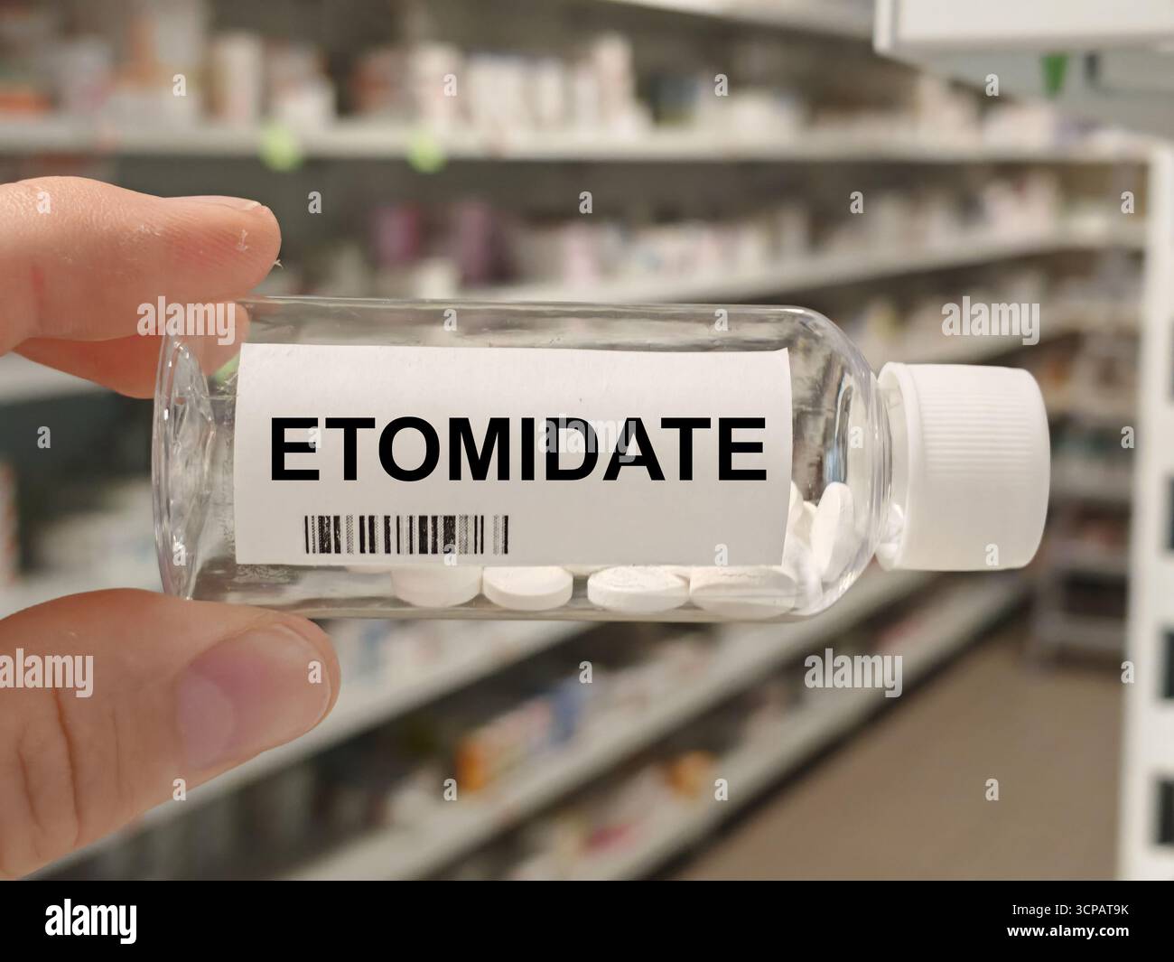 Box of ETOMIDATE tablets on a hospital pharmacy table used for ...