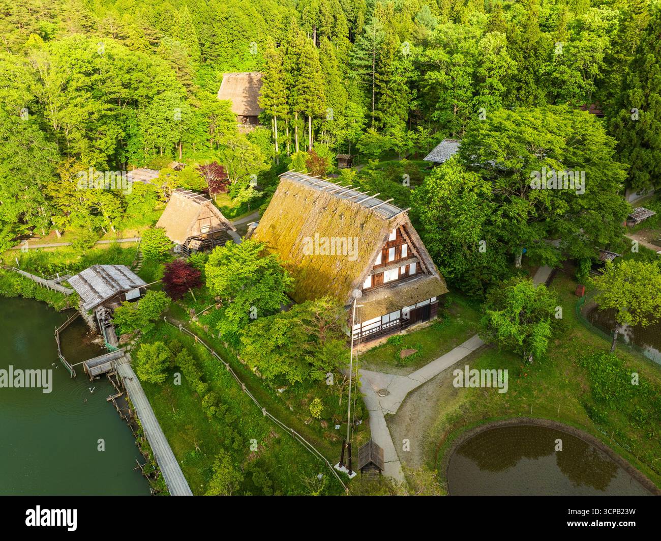 Aerial view of traditional Gassho-style farmhouses nestled amidst the ...