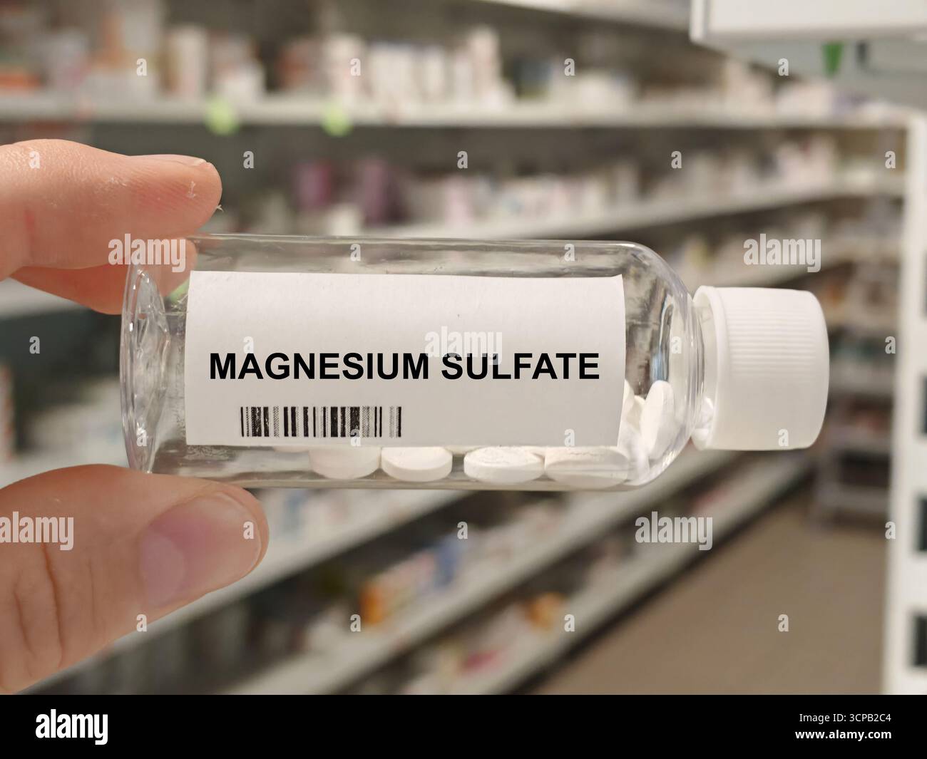 Box of MAGNESIUM SULFATE tablets on a hospital pharmacy table used to ...