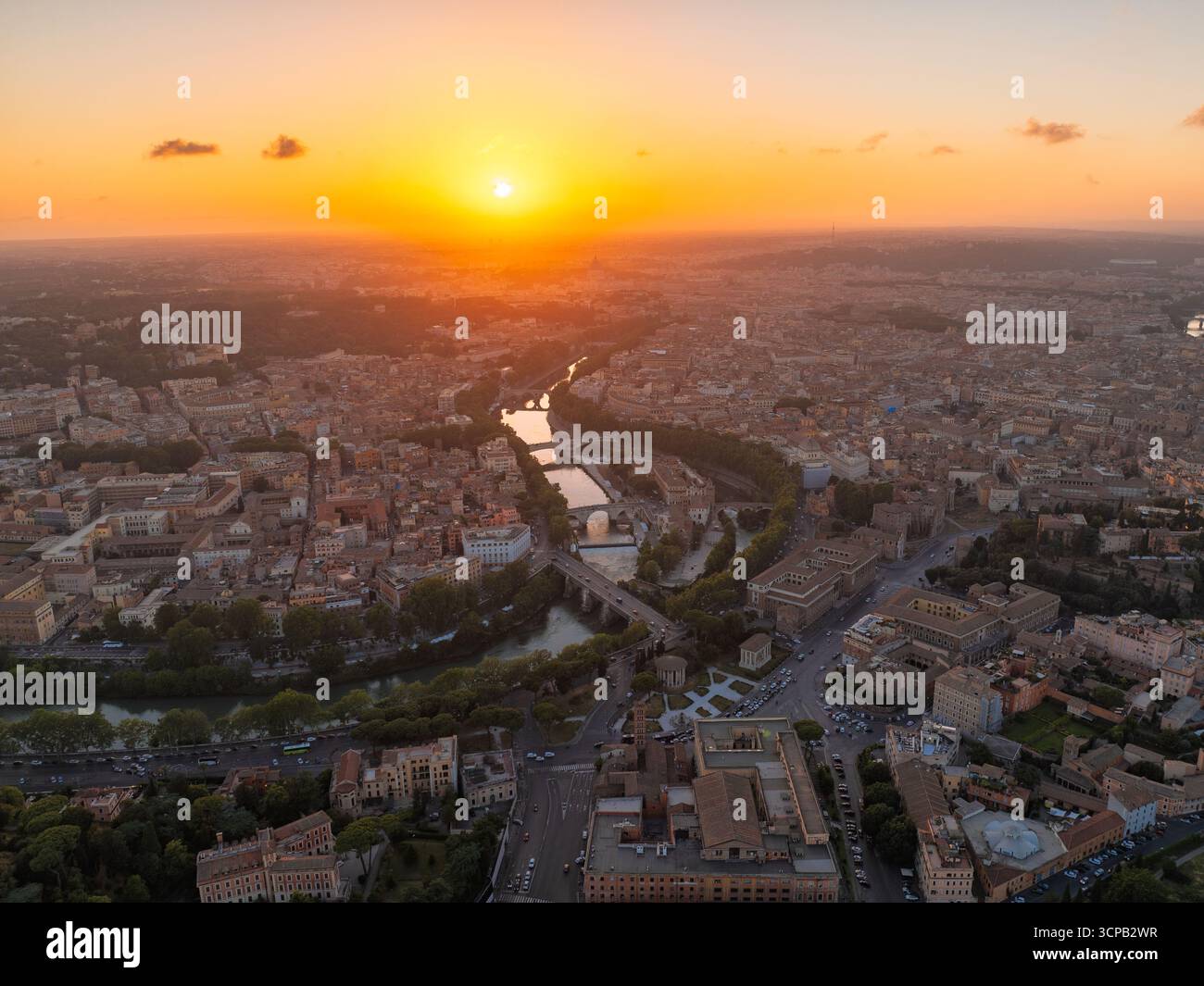 Aerial view of the Tiber River winding through the ancient city as the ...