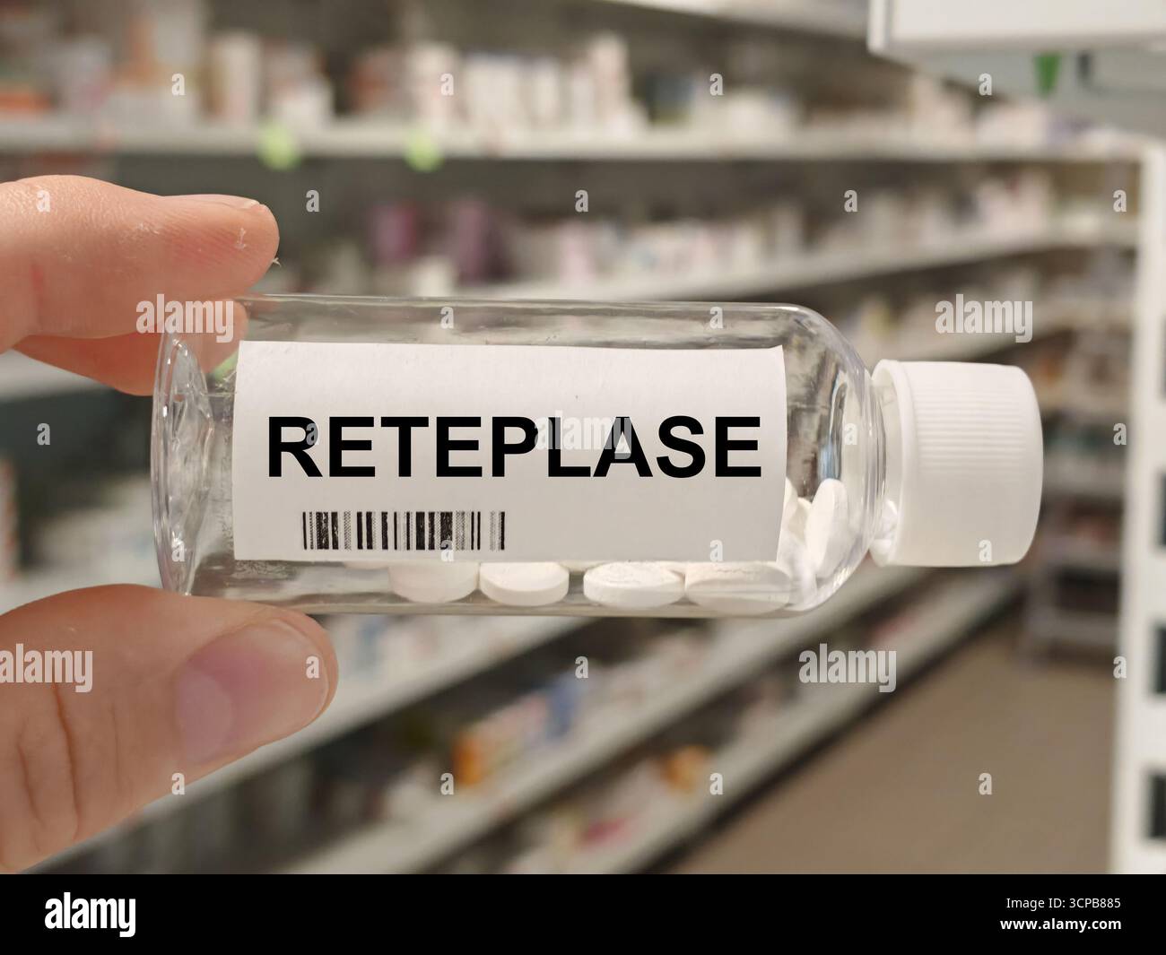 Box of RETEPLASE tablets on a hospital pharmacy table used to dissolve ...