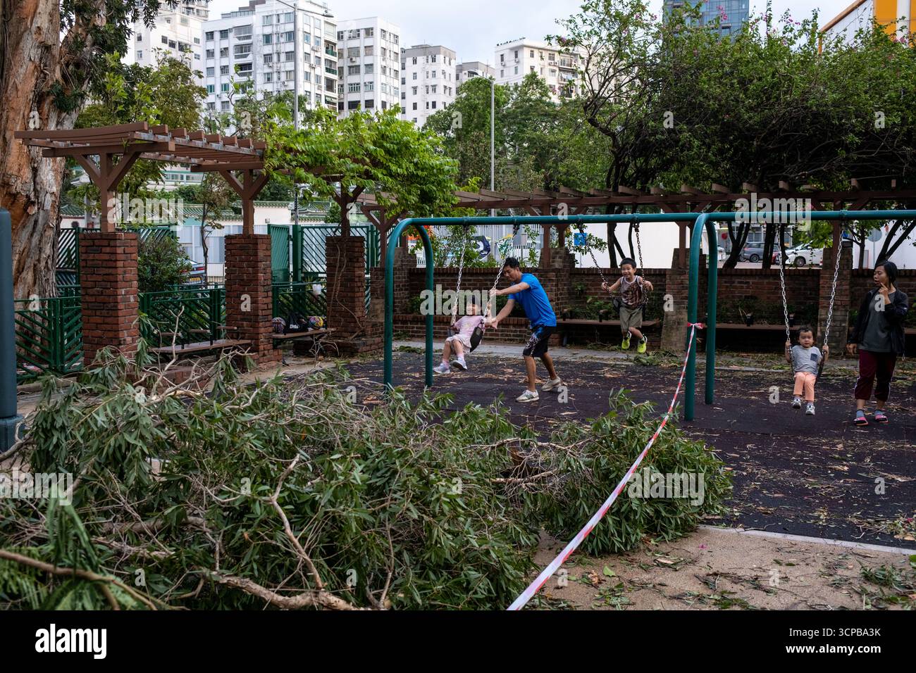 Children playing at a swing set in a park next to fallen tree debris on ...