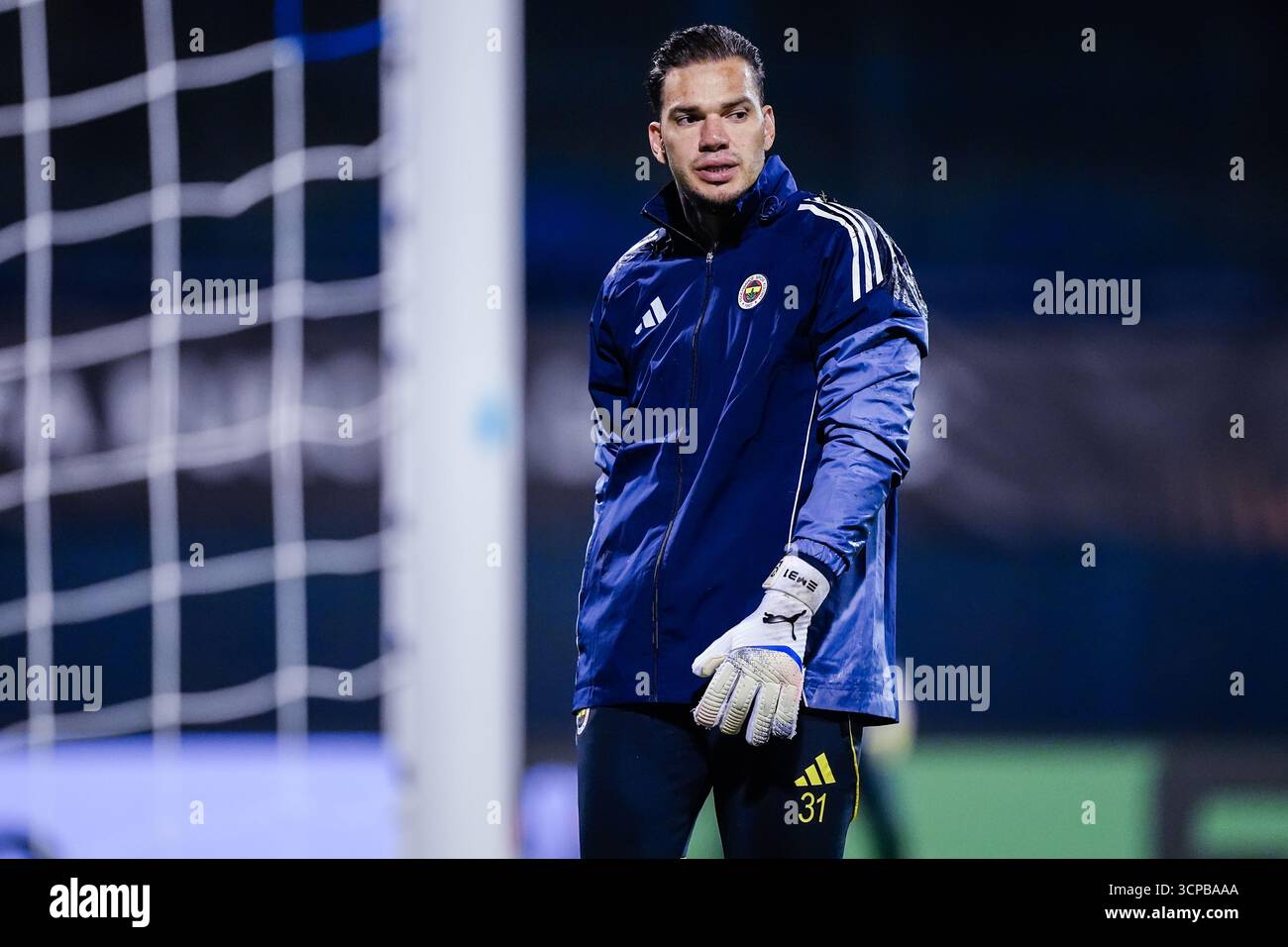 Ederson Santana de Moraes of Fenerbahce is seen during the warmup prior ...
