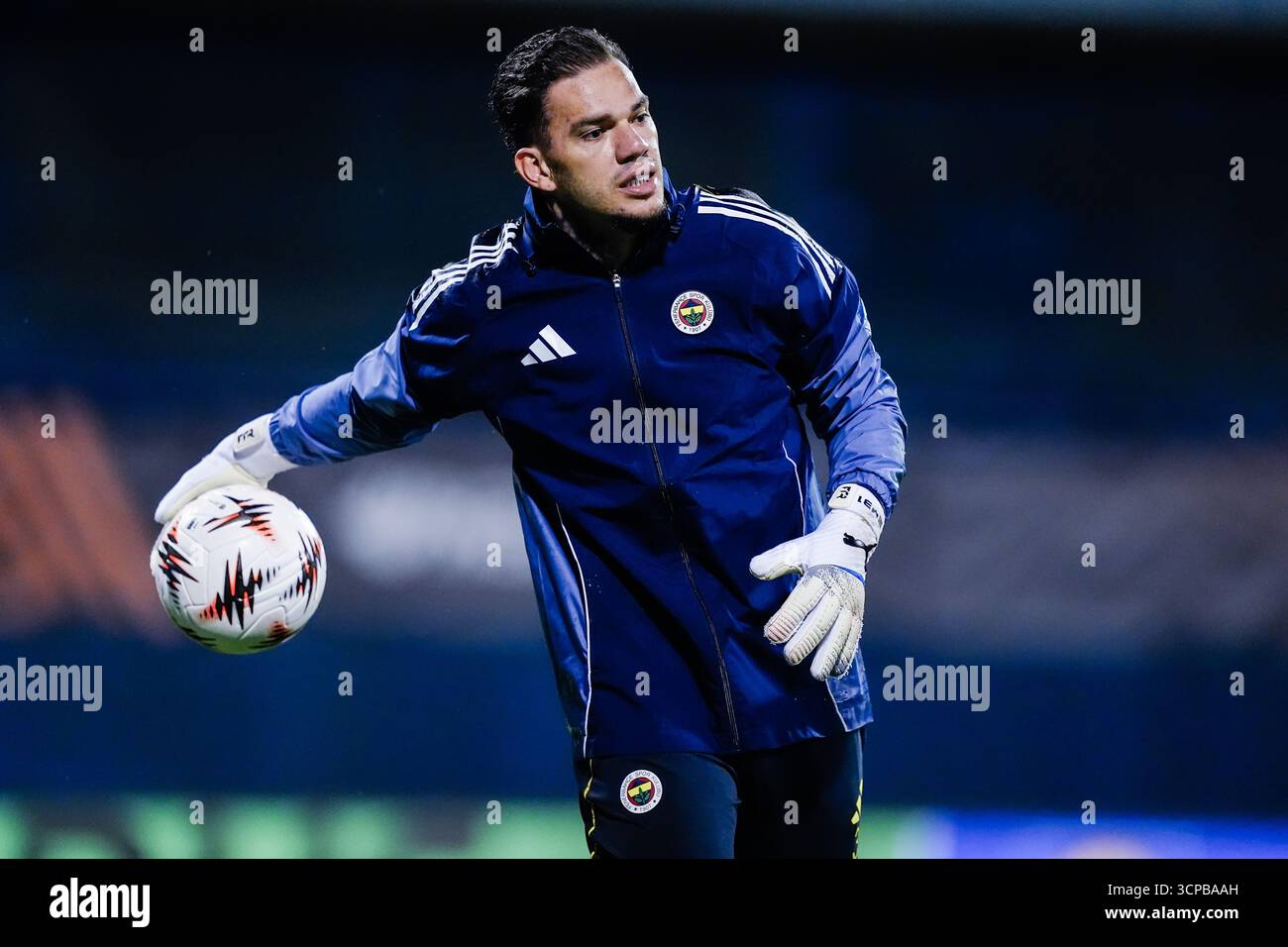 Ederson Santana de Moraes of Fenerbahce is seen during the warmup prior ...