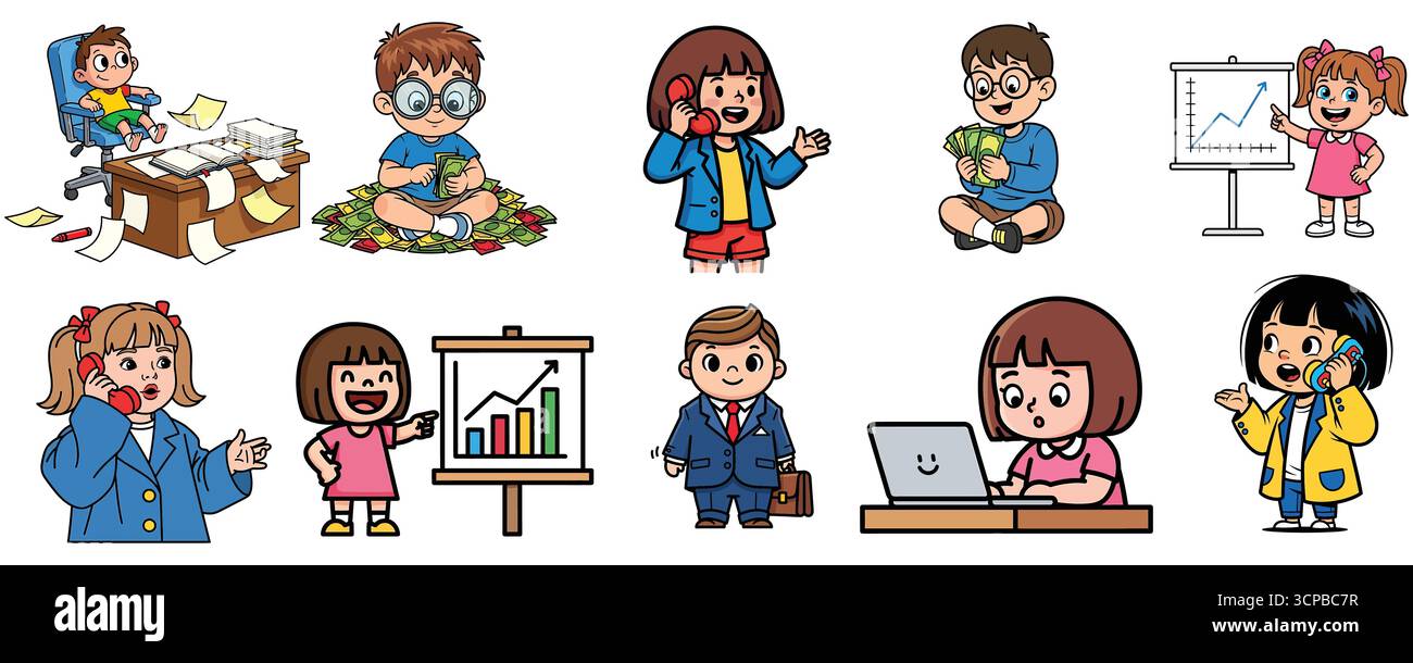 Cartoon Kids Business Set - Cute Children Office, Finance, and Work ...