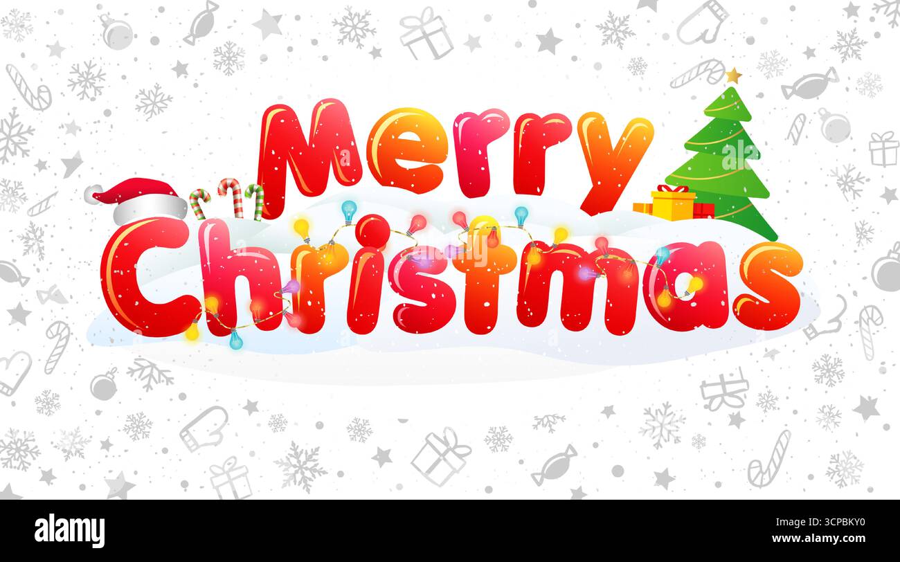 Merry Christmas greeting card design. Holiday backdrop with X mas items ...