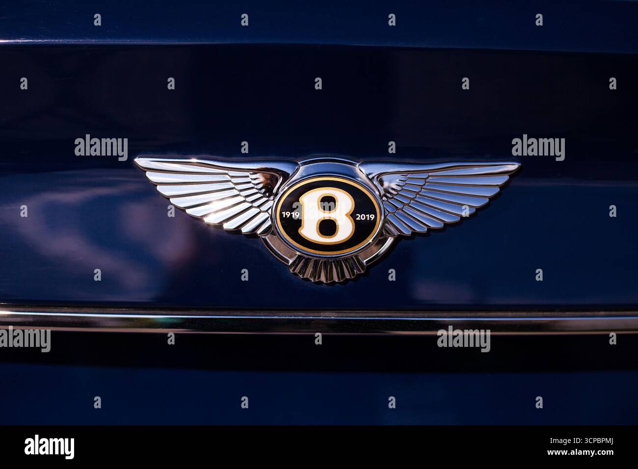 Vilnius, Lithuania - 2025-09-09 - Bentley Bentayga blue SUV with hood ...