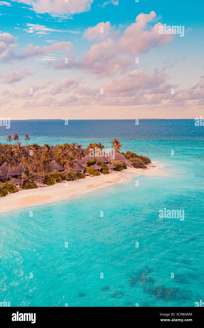 Fantastic aerial sunset Maldives island luxury travel destination azure ...