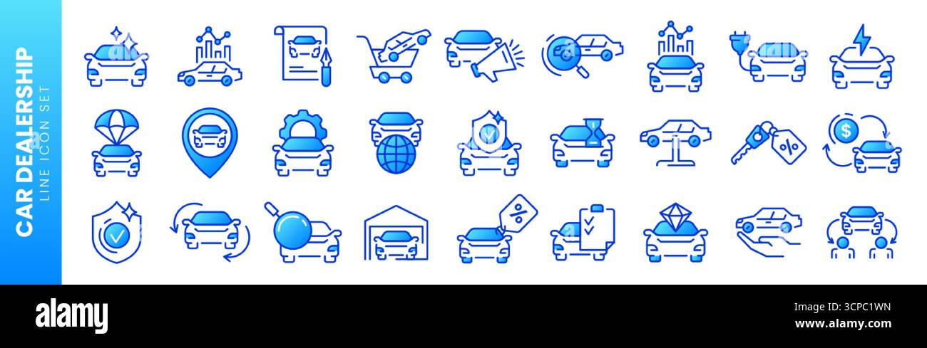 Editable stroke outline icons of car dealer. Auto sale dealership ...